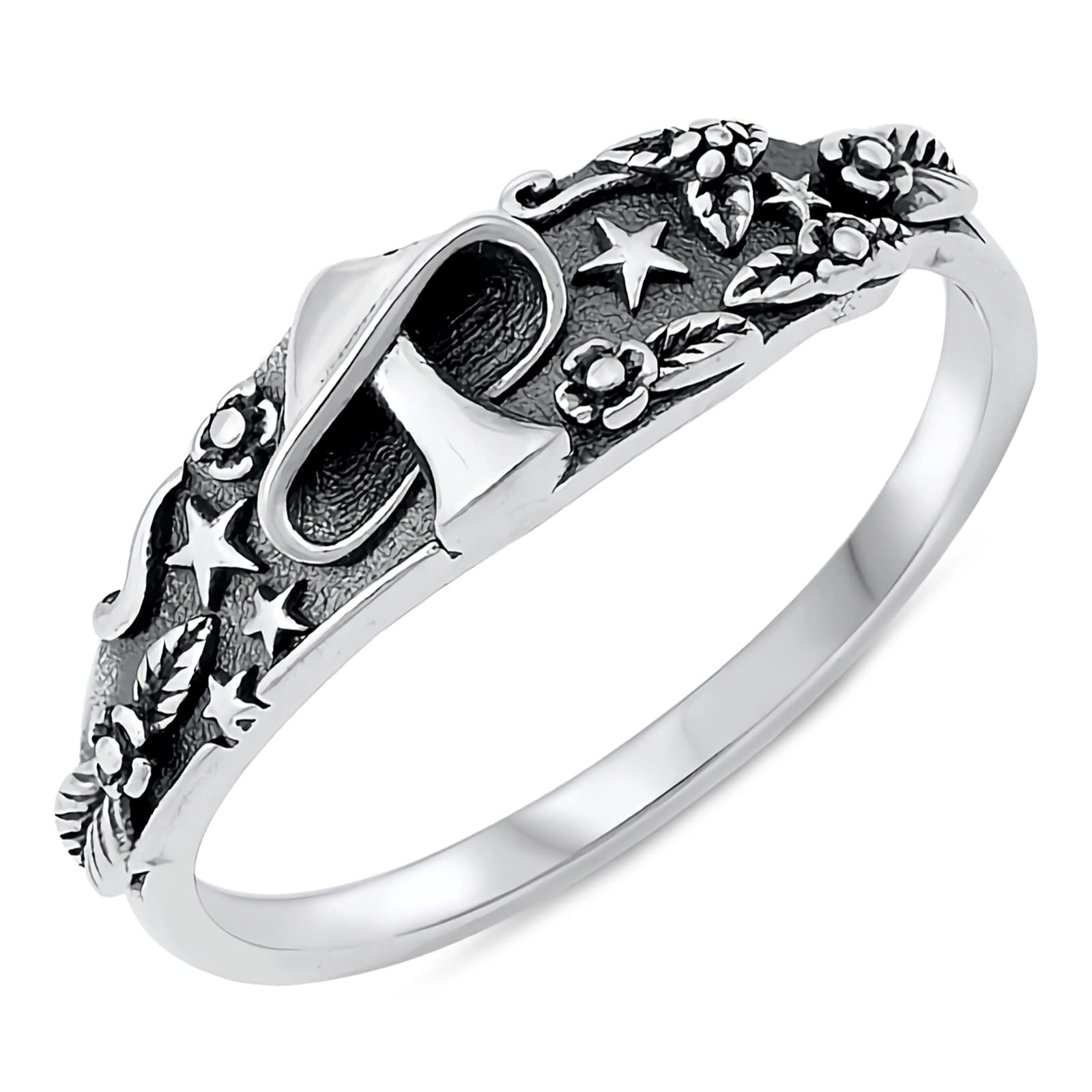 JEWELRITZY 6mm Mushroom Flower Leaf Stars Vintage Style Ring Solid 925 Sterling Silver Size 10