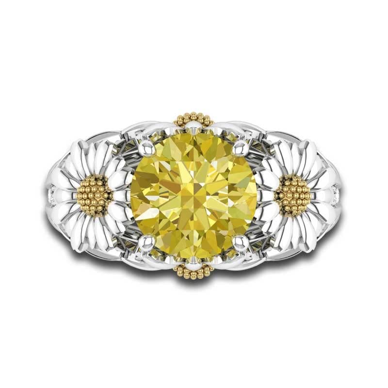 Jewels Store 2.5 Ct Round Cut Citrine Yellow Diamond Sunflower Design Engagement Ring in 925 Sterling Silver White Gold Finish (Silver, 5)