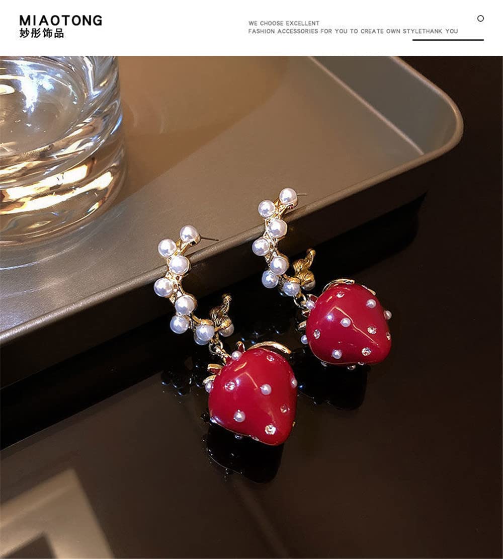 JOYA GIFT 3D Red Strawberry Earrings C Gold Pearl Red Strawberry Earrings Fruit Fashion Drop Dangle Earrings for Women