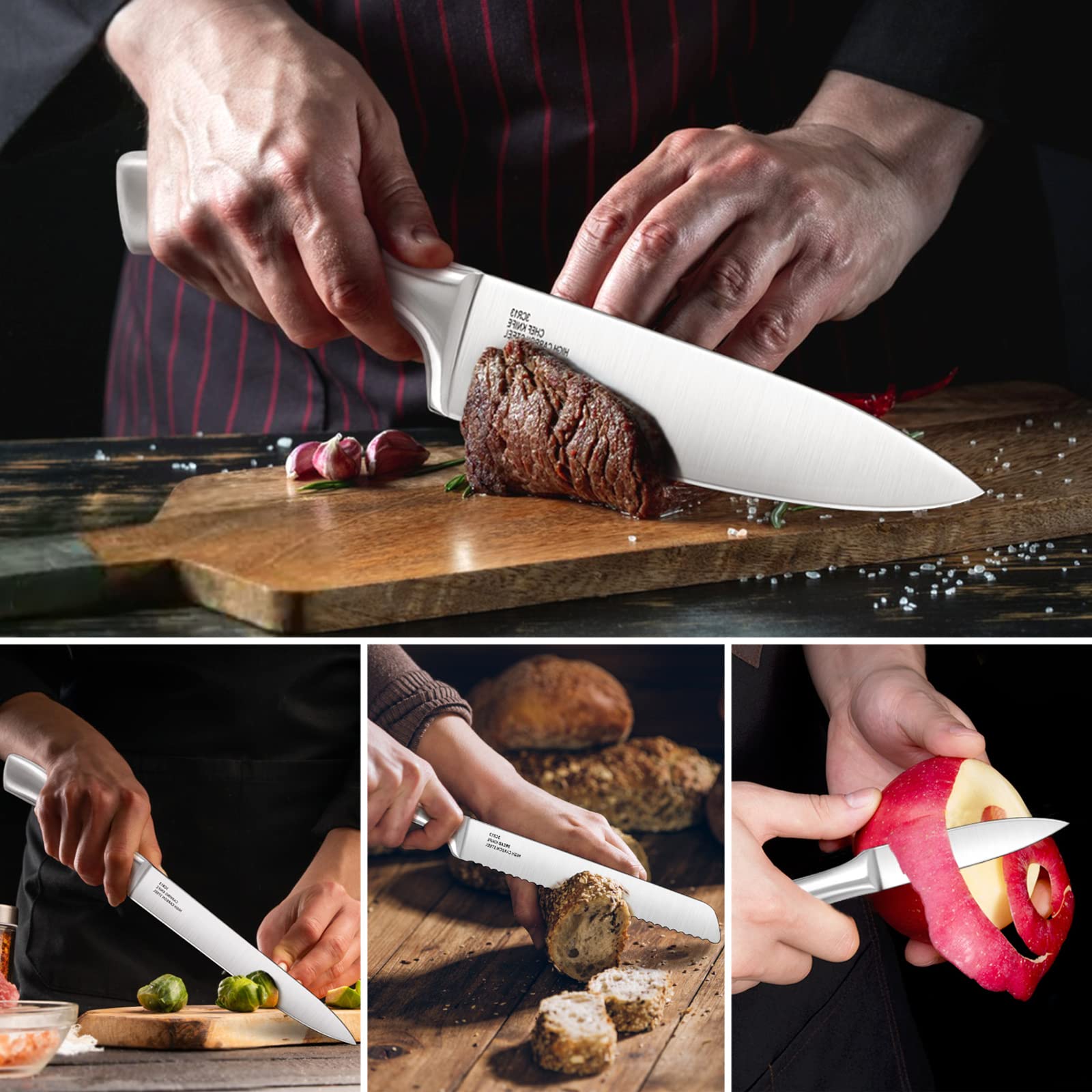 Knife Set for Kitchen with Block, E-far 16-Piece High Carbon Stainless Steel Knife Sets Includes Chef Utility Paring Steak Serrated Bread Knife & Sharpener Kitchen Shears, Full Tang & Forged Blades