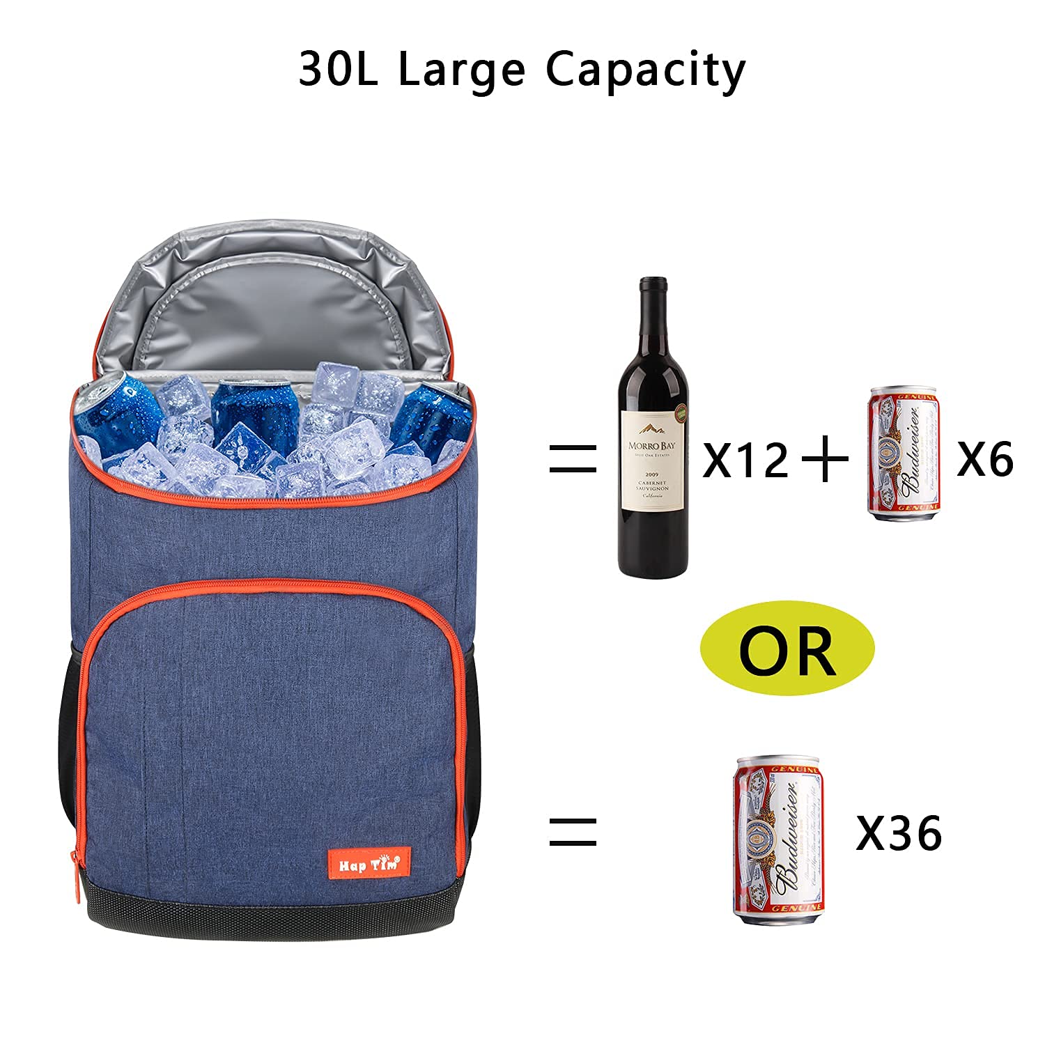Hap Tim Insulated Leakproof 30 Can Soft Sided Portable Backpack Cooler Bag Lightweight for Travel, Lunch, Grocery Shopping,Fishing, Camping and Road Trips, Blue(1002-BL)