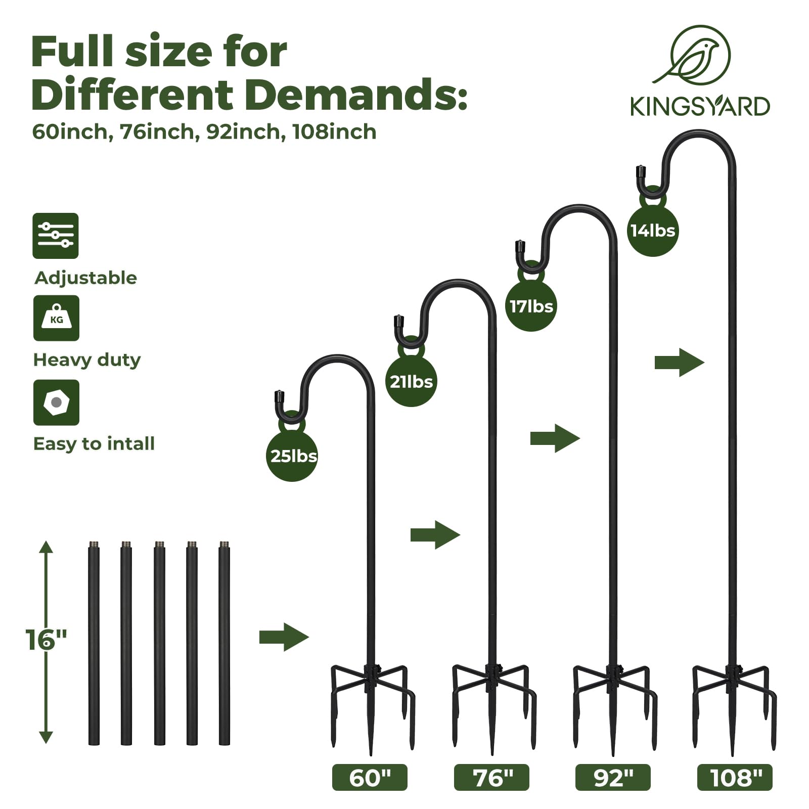 Kingsyard Adjustable Shepherd Hooks for Outdoor - Heavy Duty Bird Feeder Pole with 5 Prong Base, Garden Plant Hanger, Weddings Decor, Solar Light Lanterns, 60 inch