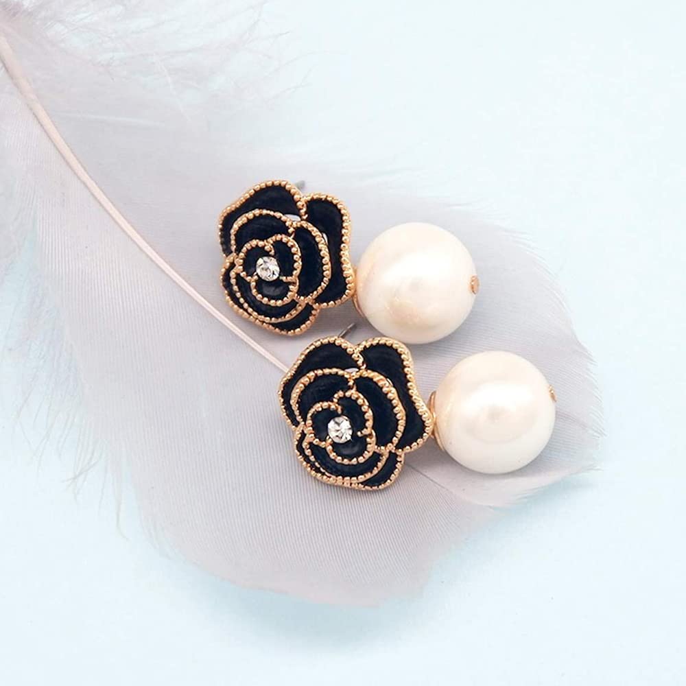 Imitation Pearl Rose Charm Dangle Stud Earrings for women (Black)