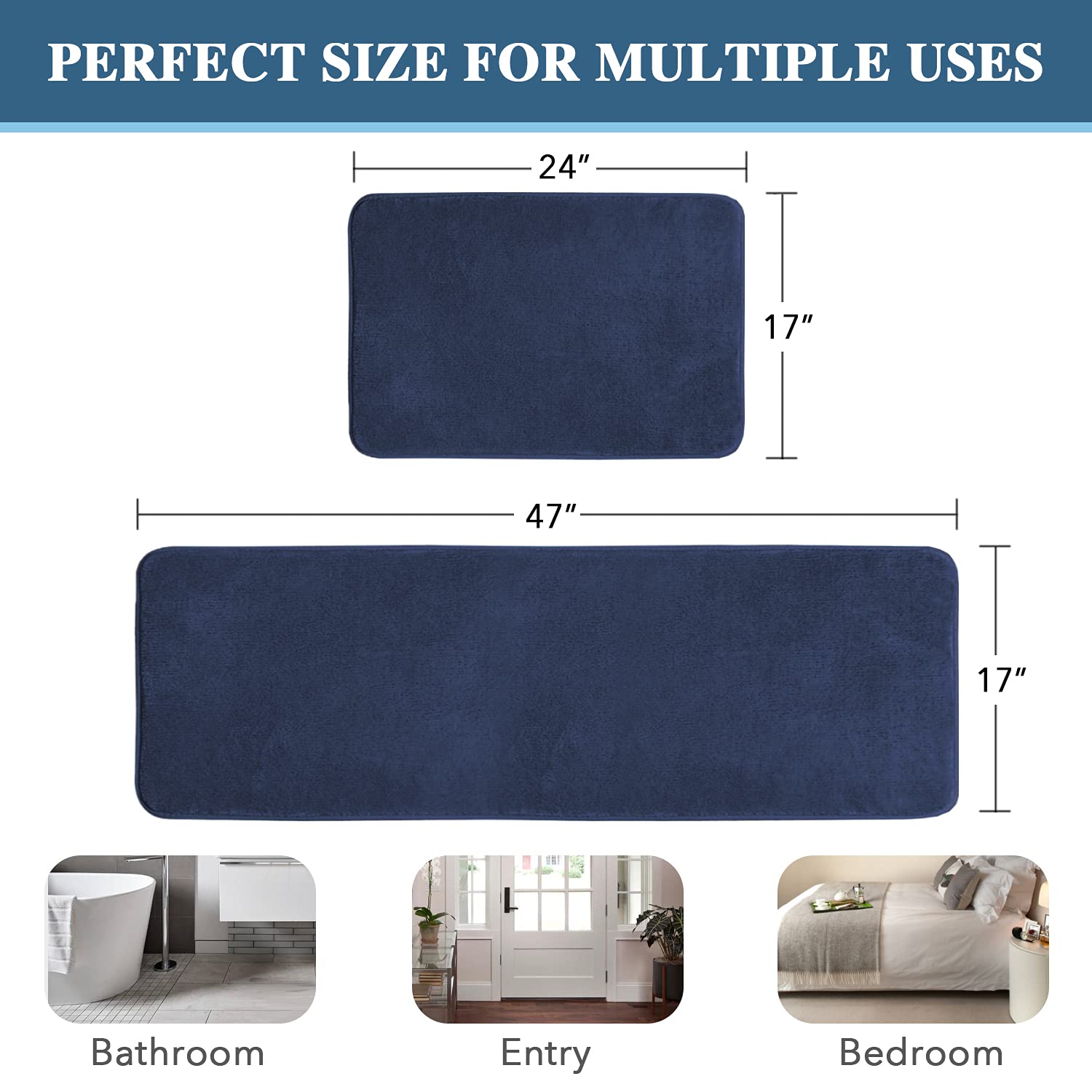 H.VERSAILTEX Kitchen Mat 2 PCS Kitchen Rugs Non Slip Memory Foam Flannel Velvety Kitchen Runner Rug Water Absorbent Soft Kitchen Rug Set for Floor Rug Standing Rugs(47" x 17" + 24" x 17", Navy)
