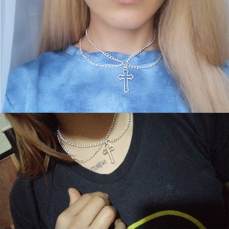 HMIXN Layered Choker Cross Necklace Silver Chain Simple Punk Cross Pendant Gothic Collar Handmade Statement Chunky Chains Necklaces for Women