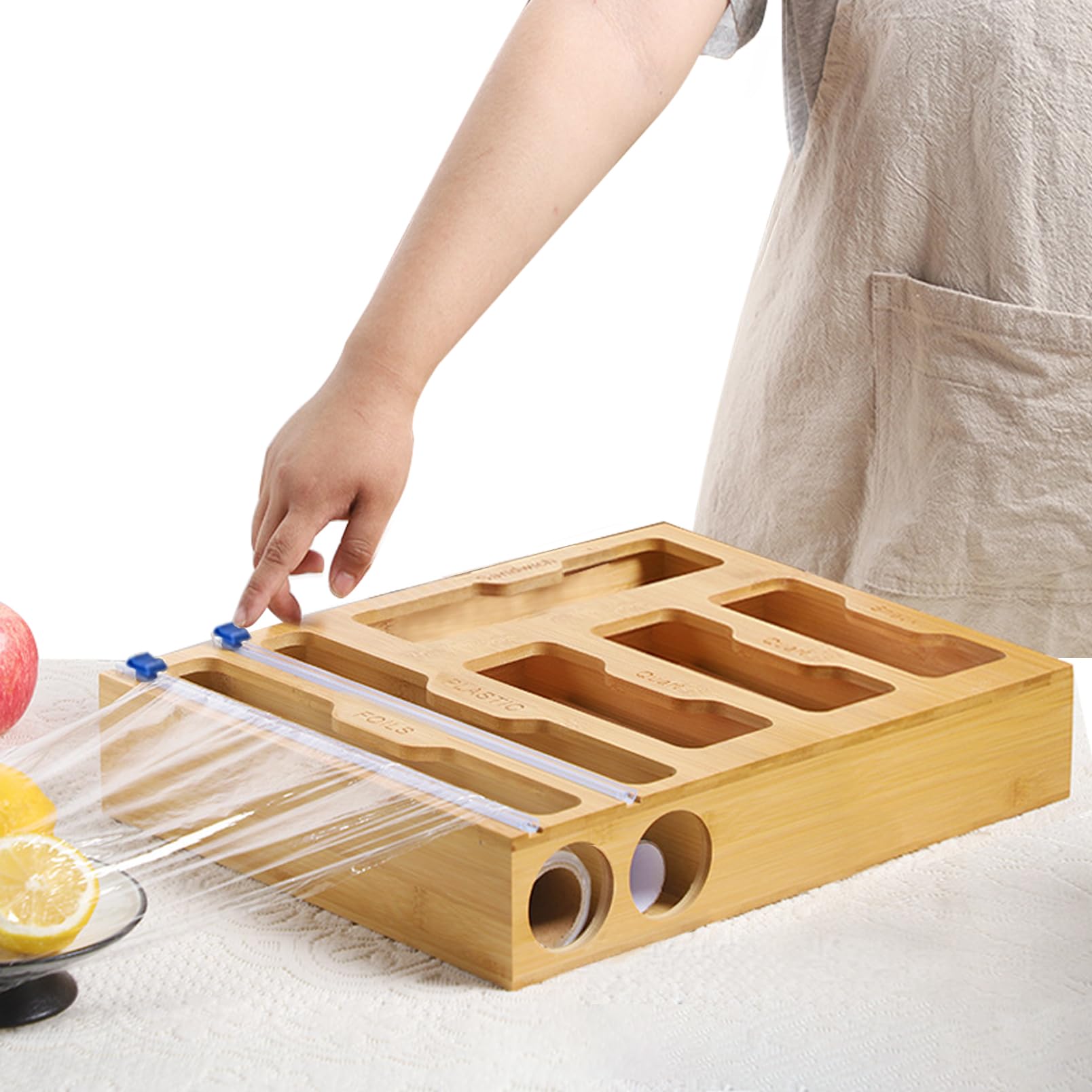 HILELIFE Bamboo Ziplock Bag Organizer for Drawer, Foil and Plastic Wrap Organizer, 6 In 1 Plastic Bag Organizer for Drawer, Baggie Organizer for Drawer