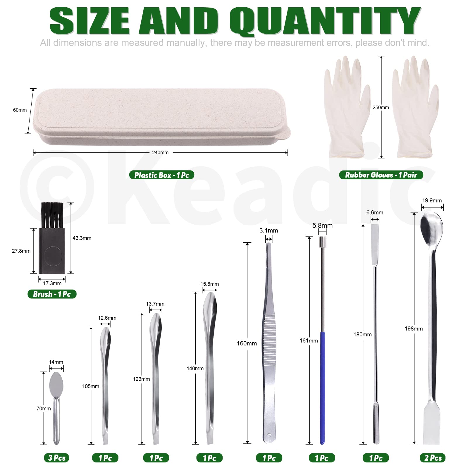 Keadic 13Pcs Micro Lab Spoon Spatulas Assortment Kit Includes U-Shaped Sampling Scoops, Herb Powder Tamper Tool, 2 in 1 Mixing Spatula and Tweezers for Gel Capsules Filler