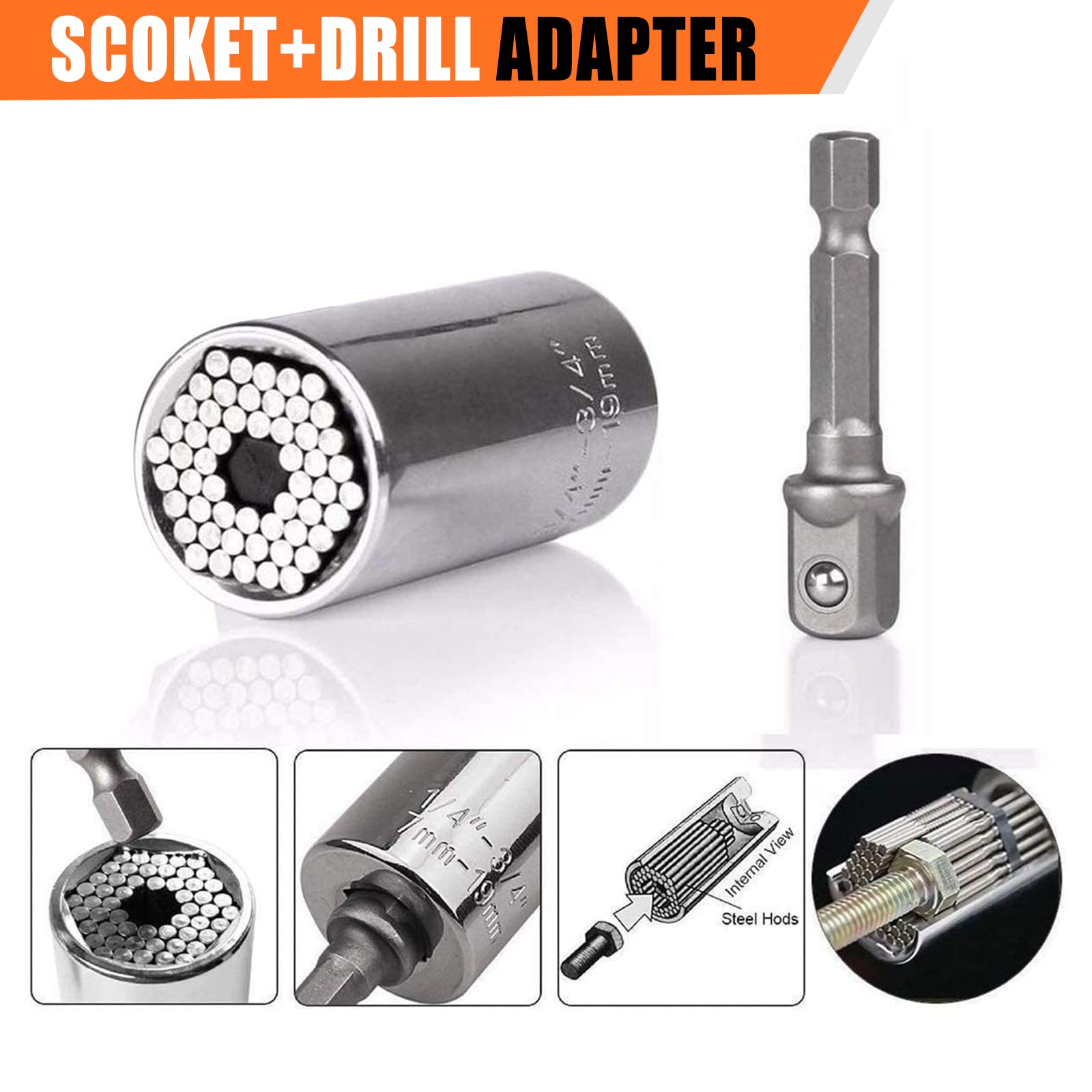 jeseny 2 PCS Socket Wrench Repair Tools, 7mm-19mm Multifunctional Ratchet Socket Wrench Set, with Power Drill Grip Comfort Socket Adapter, for Car Mechanic, HVAC, Electrician for Men Gifts (Silver)