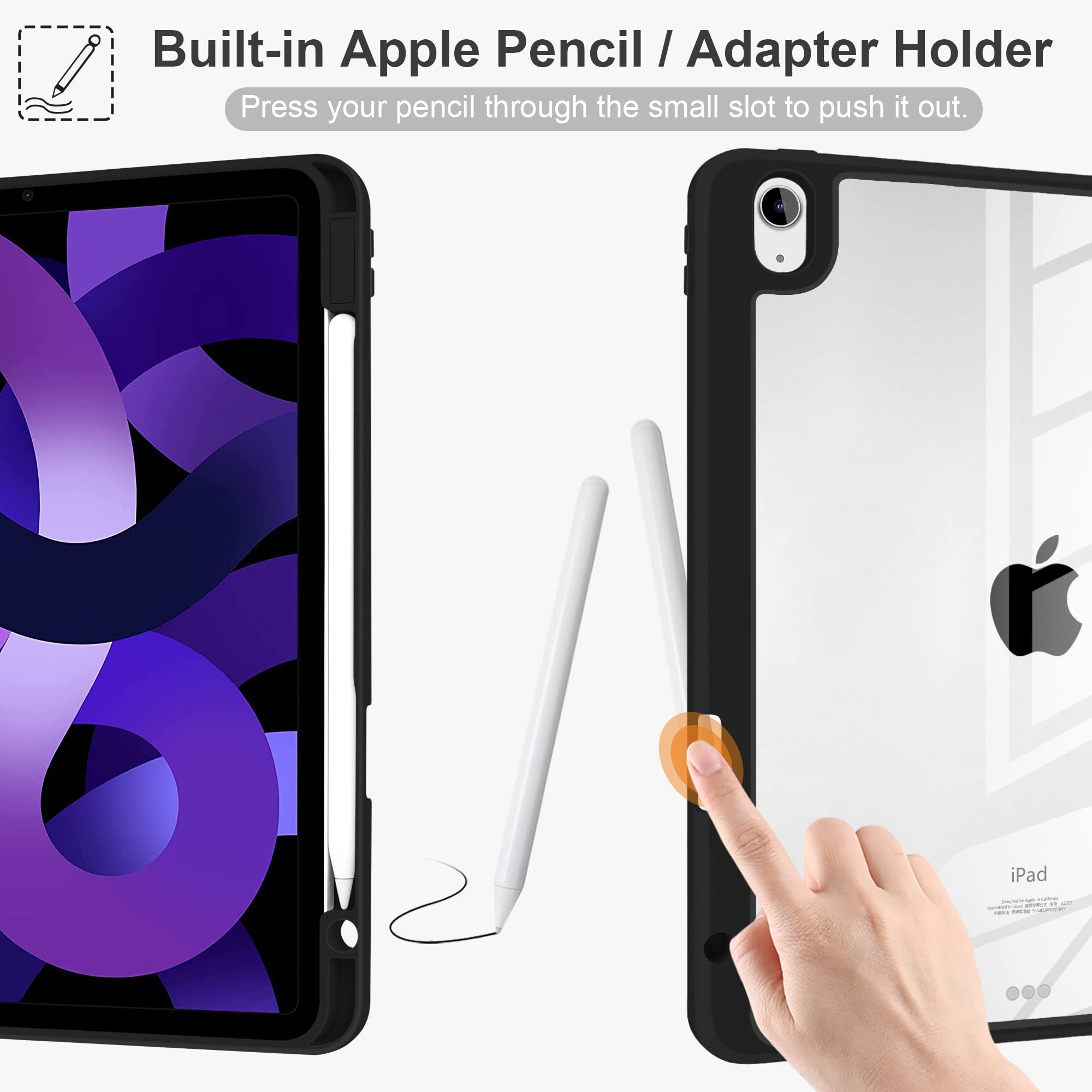 MEEgoodo for iPad 10th Generation Case 10.9 inch 2022, Tablet Cases with Clear Back & TPU Shockproof Frame Cover, Kids Shell with Trifold Stand+Pencil Holder+Auto Wake/Sleep, Black & White Piebald