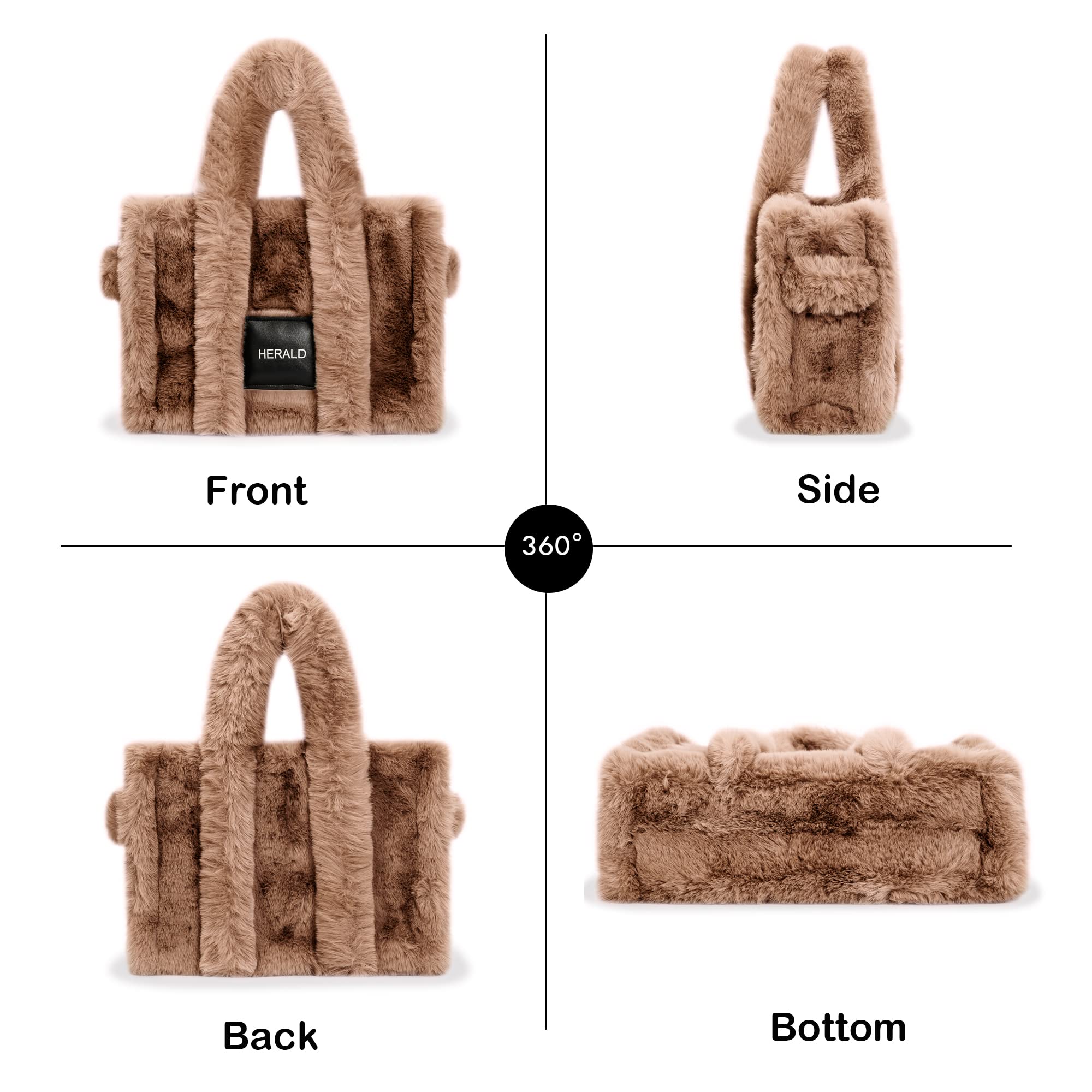 Herald Large Tote Bags For Women Soft Winter Fluffy Fuzzy Furry Plush Top Handle Purse and Handbag With Shoulder Strap (Khaki)