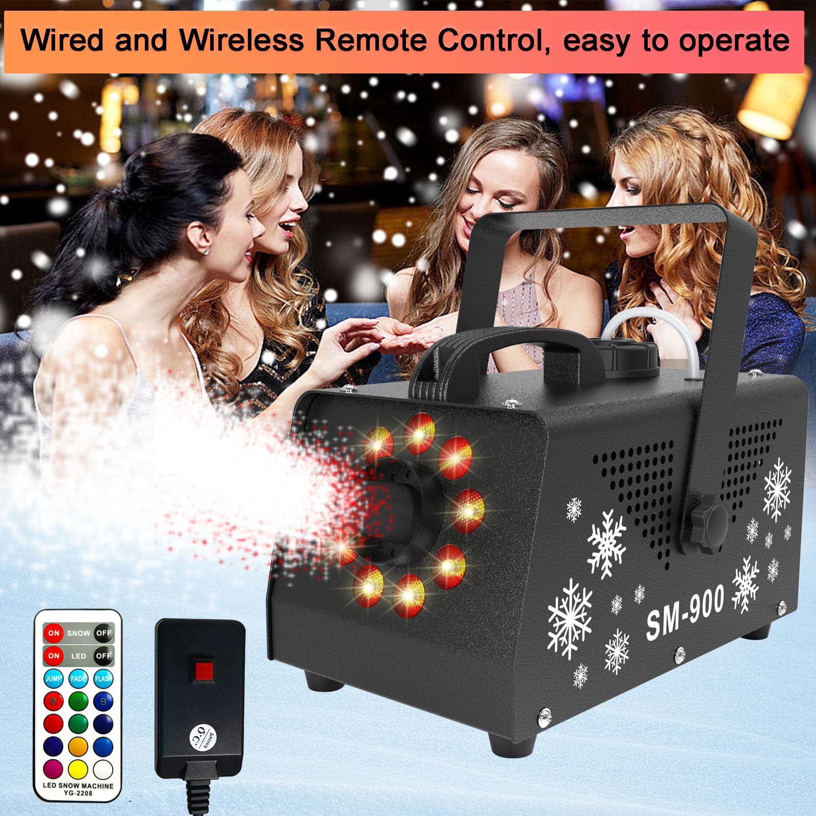 IMONE 900W Christmas Snow Machine with 9 Lights,High Output Fake Snow Machine with Remote,Foam Snow Machine Indoor, Outdoor Snow Making Machine,Snow Maker Machine,Snowflake Machine for Parade,Party