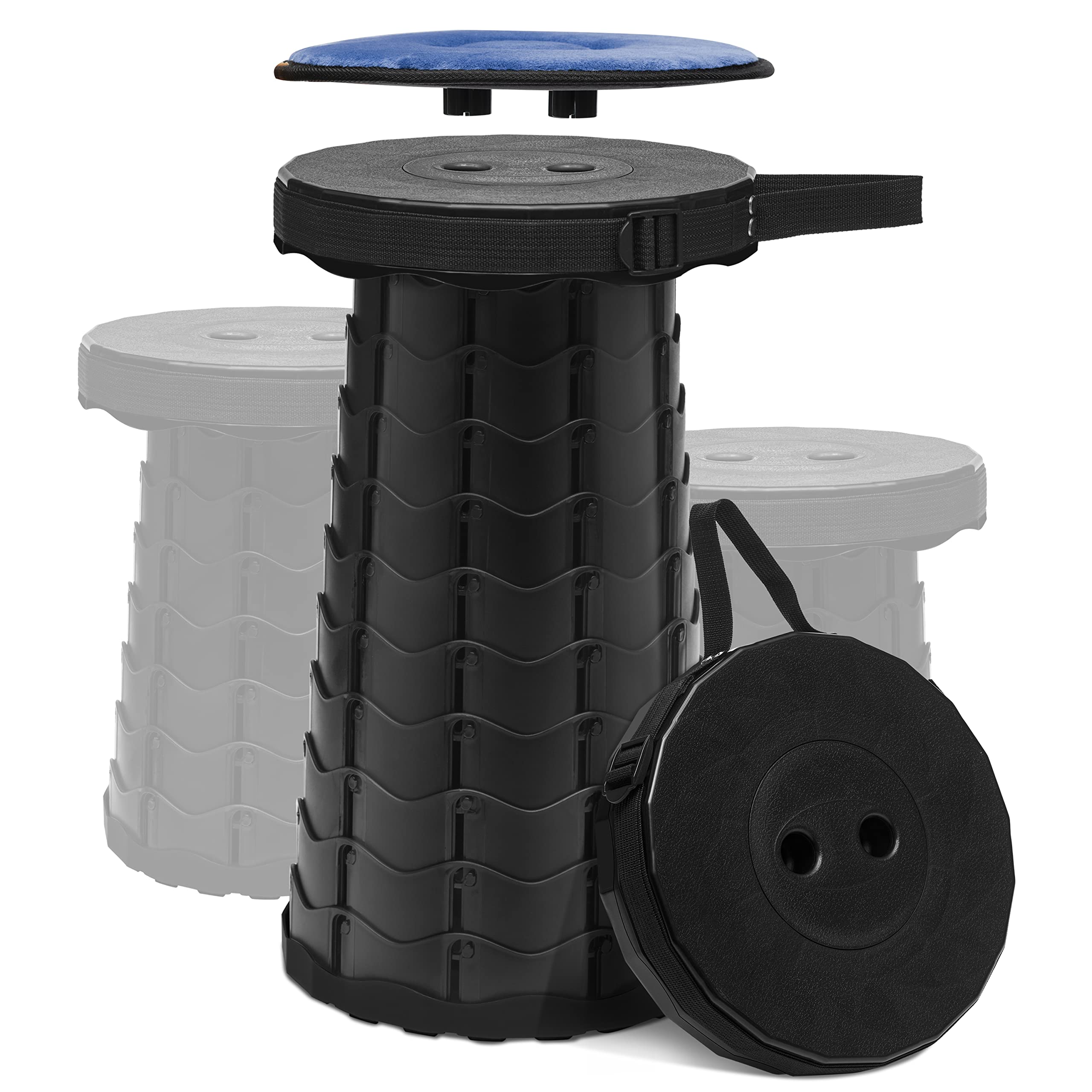 INBOEDEL Collapsible Stool Lightweight Portable Folding Stool for Adults Load Capacity 500lbs Retractable Plastic Telescopic Stool with Cushion for Camping Fishing BBQ Outdoors Indoors (Black)