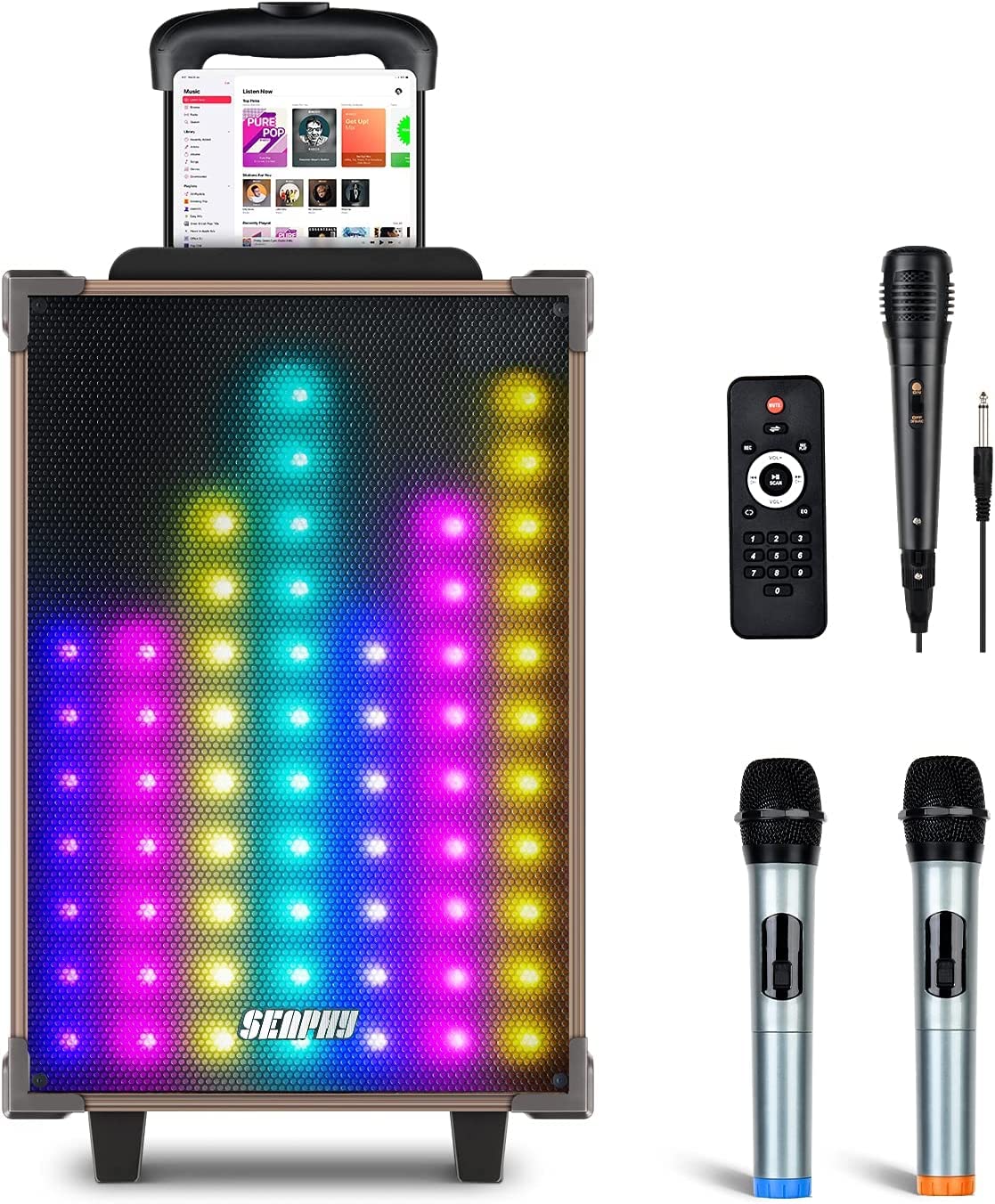 Karaoke Machine for Adults and Kids, SEAPHY DJ Lights 10'' Wooden Woofer BT Connectivity Wireless PA Speaker System with 3 Handheld Microphones for Party/Meeting/Performance Cool Disco Light
