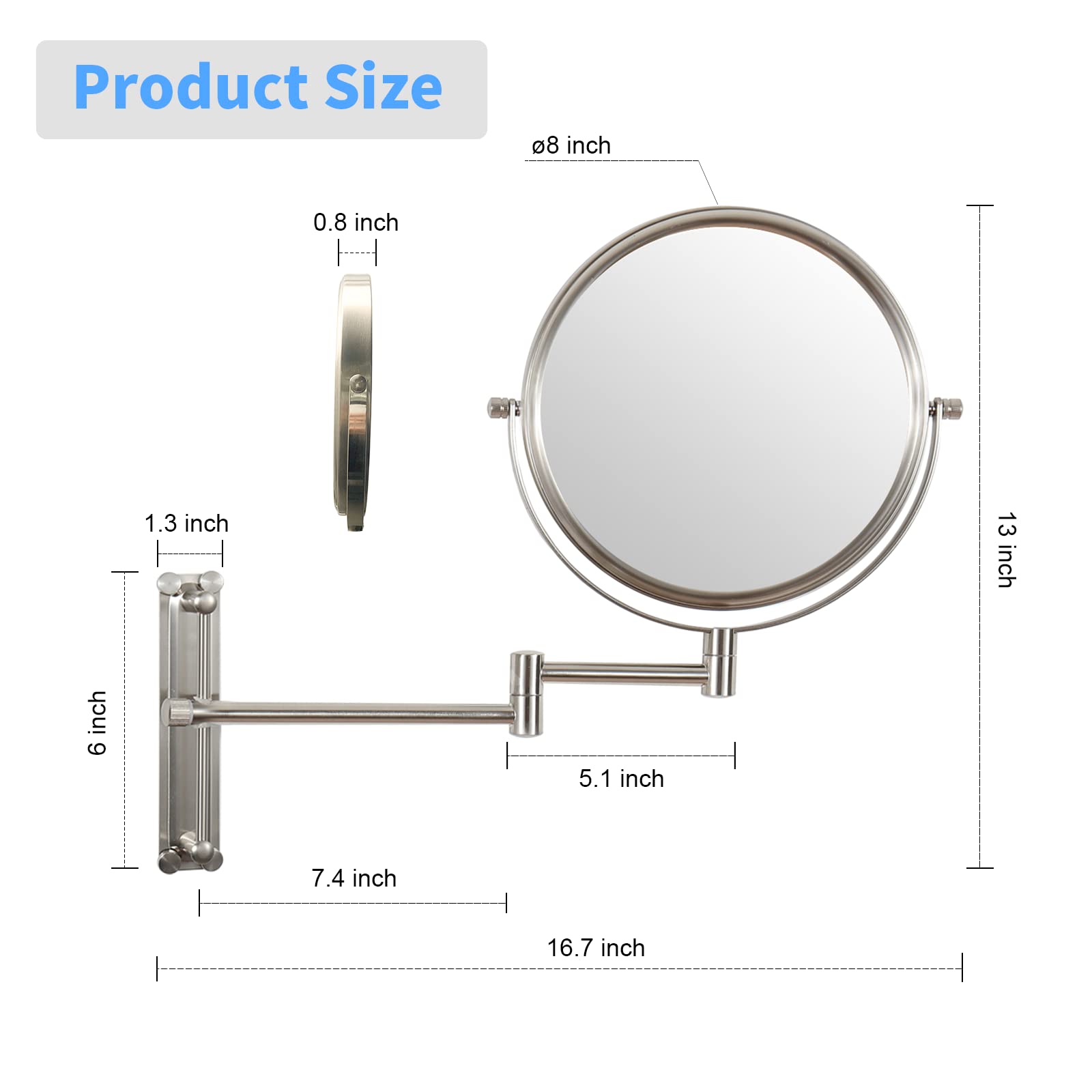 Keilefo Wall Mounted Makeup Mirror 10 Times Magnifying Mirror can Move up and Down 8 inch,Bathroom Double-Sided Vanity Mirror 360 Degree Rotating Telescopic Folding Without Dead Ends (Nickel)