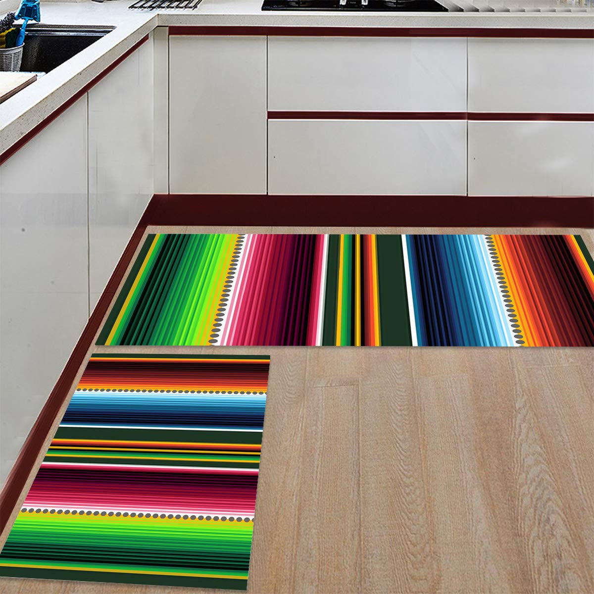 Infinidesign 2 Piece Mexican Serape Kitchen Mats Set 19.7x31.5inch+19.7x47.2inch, Anti-Fatigue Non-Slip Chef Mat Kitchen Rug Cushioned Floor Rugs, Colorful Stripes