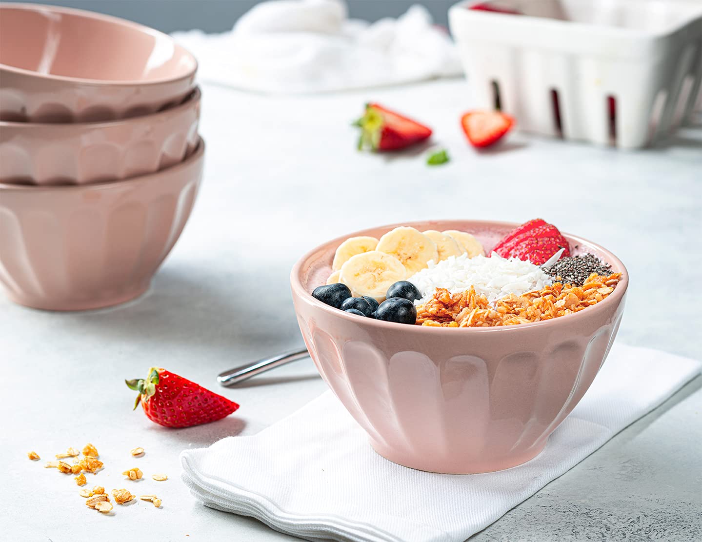 KooK Ceramic Cereal Bowl Set, Kids Breakfast Bowls, Fluted, Microwave and Dishwasher Safe, Kitchen Bowls, For Soup, Pasta, Salad, Dessert, 20 oz, Set of 6 (Dusty Pink)
