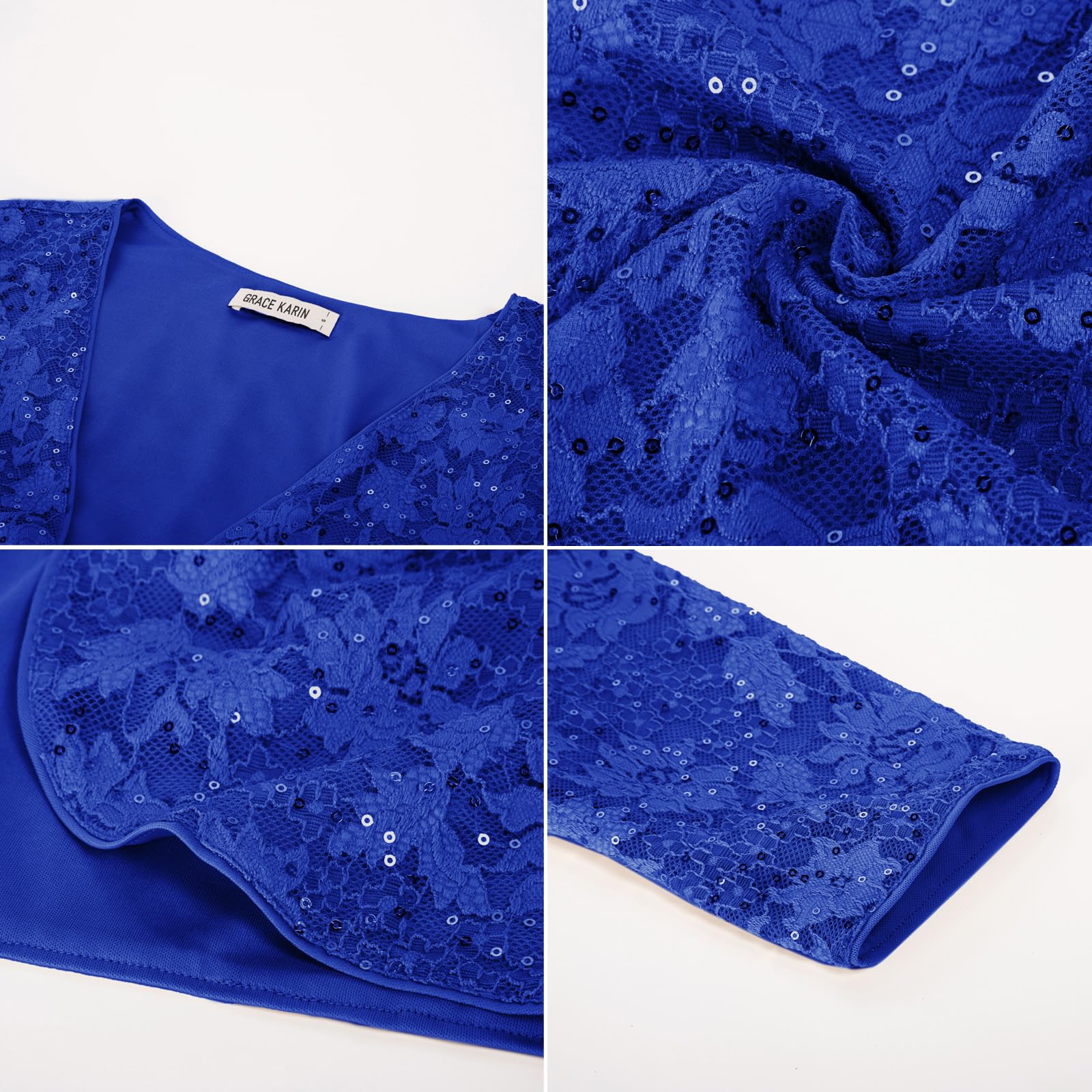 GRACE KARIN Women's Sequin Jacket 3/4 Sleeve Open Front Glitter Cropped Blazer Bolero Shrug Royal Blue XL