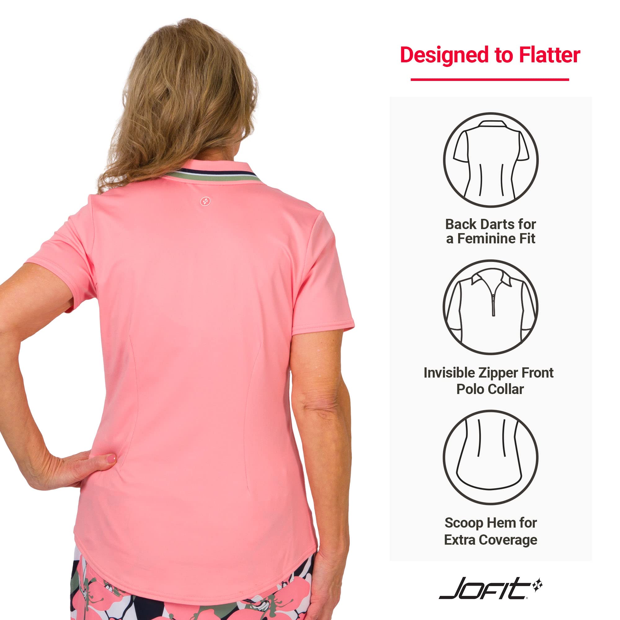 Jofit Apparel Women's Athletic Clothing Polo with Rib Collar for Golf & Tennis, Size Medium, Flamingo Pink
