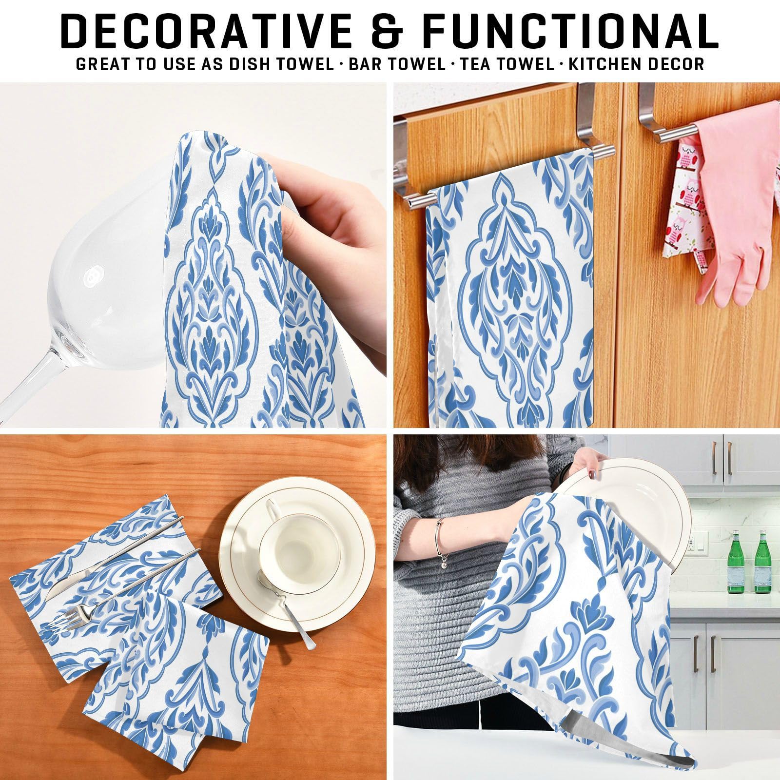 Kigai Blue White Damask Pattern Kitchen Towels, 18 x 28 Inch Super Soft and Absorbent Dish Cloths for Washing Dishes, 4 Pack Reusable Multi-Purpose Microfiber Hand Towels for Kitchen
