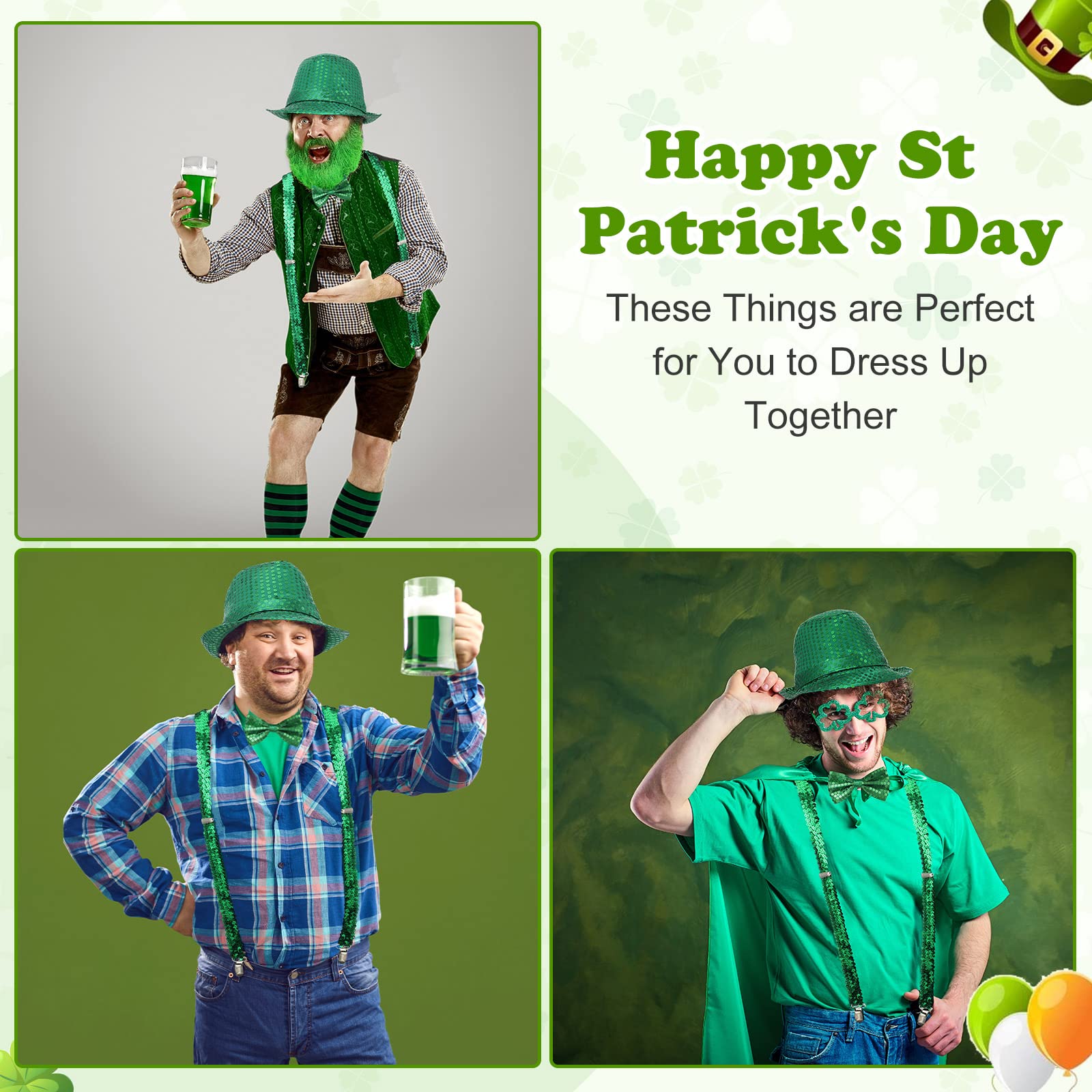 Jeyiour 3 Pcs St Patrick's Day Sequin Hat, Suspender and Bow Tie St Patrick's Day Costume Set Irish Party Fancy Cap Y Shape Adjustable Green Suspenders Bow Tie for Men Women