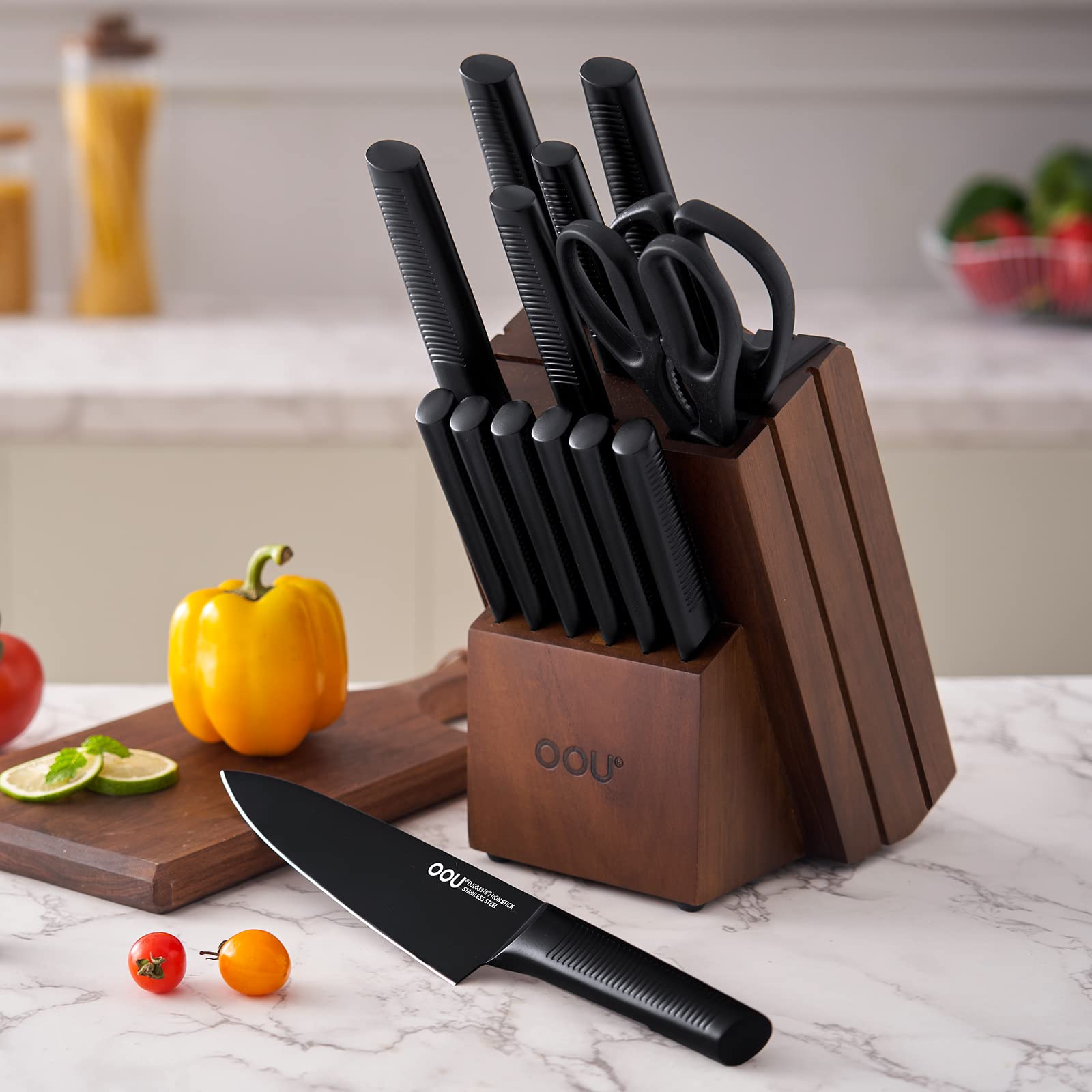 Kitchen Knife Set - OOU 6 pieces Professional Stainless Steel knife set, Dishwasher Safe Kitchen Knives - Ultra Sharp Chef Knife Set for Kitchen, Ergonomic Handle, Elegant Black