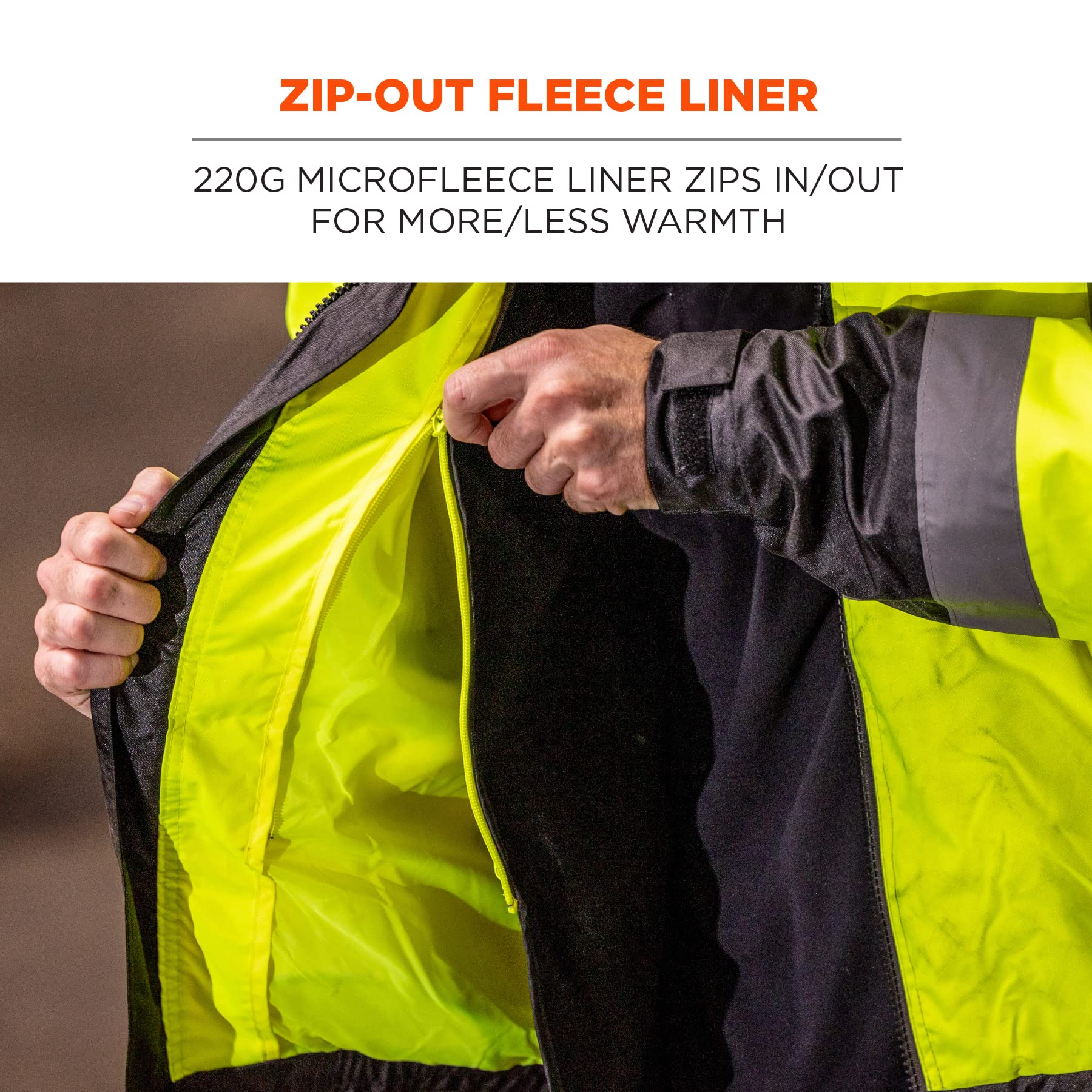 High Visibility Reflective Winter Bomber Jacket, Zip Out Fleece Liner, ANSI Compliant, Ergodyne GloWear 8379, Lime, Large