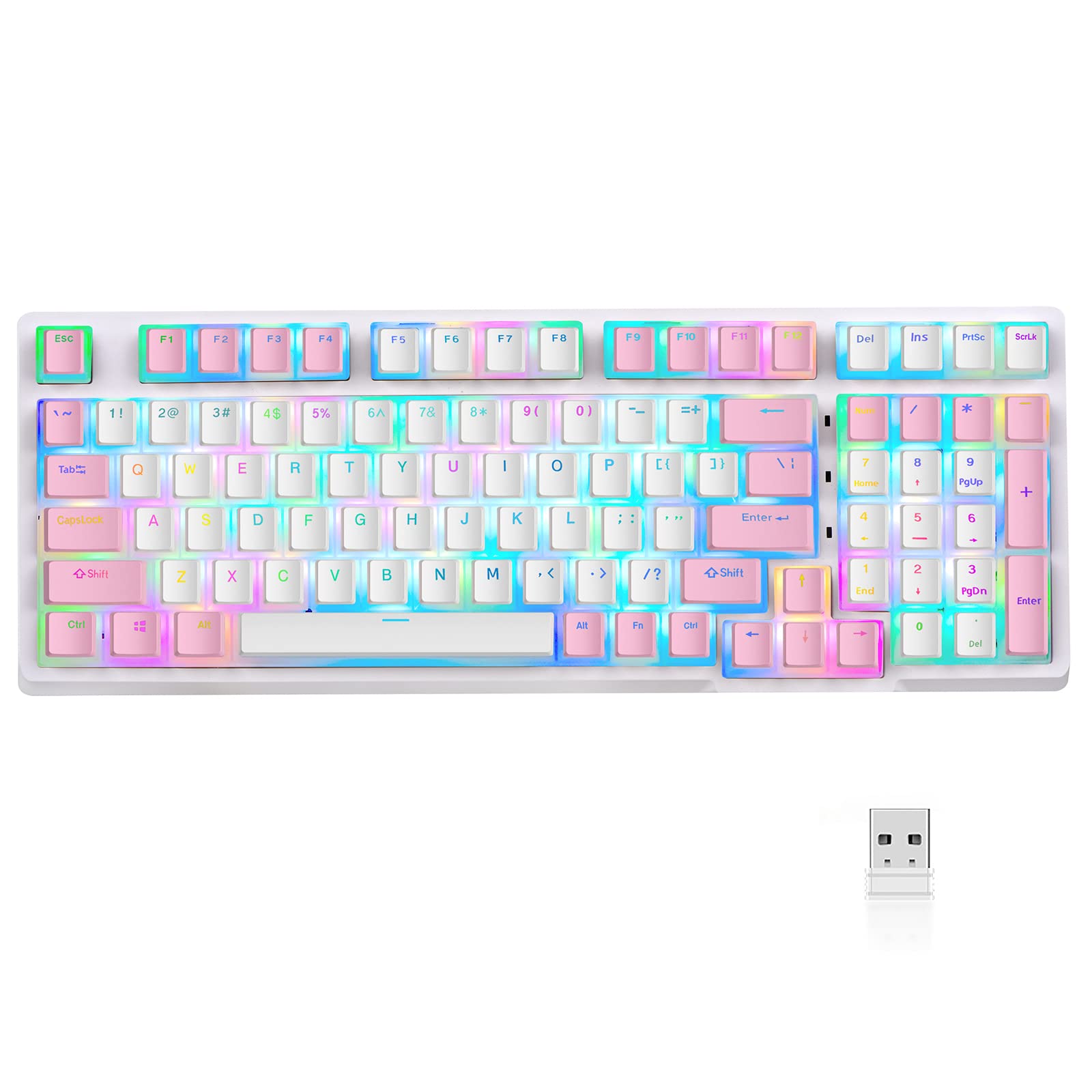 KOLMAX 98-Key RGB Hot-swappable Mechanical Gaming Keyboard, 2.4G Wireless/BT5.0/Wired with PBT Double-Shot Pudding Keycaps White-Pink Gaming Keyboard for Mac & Win Programmable Macro (Pink Switches)