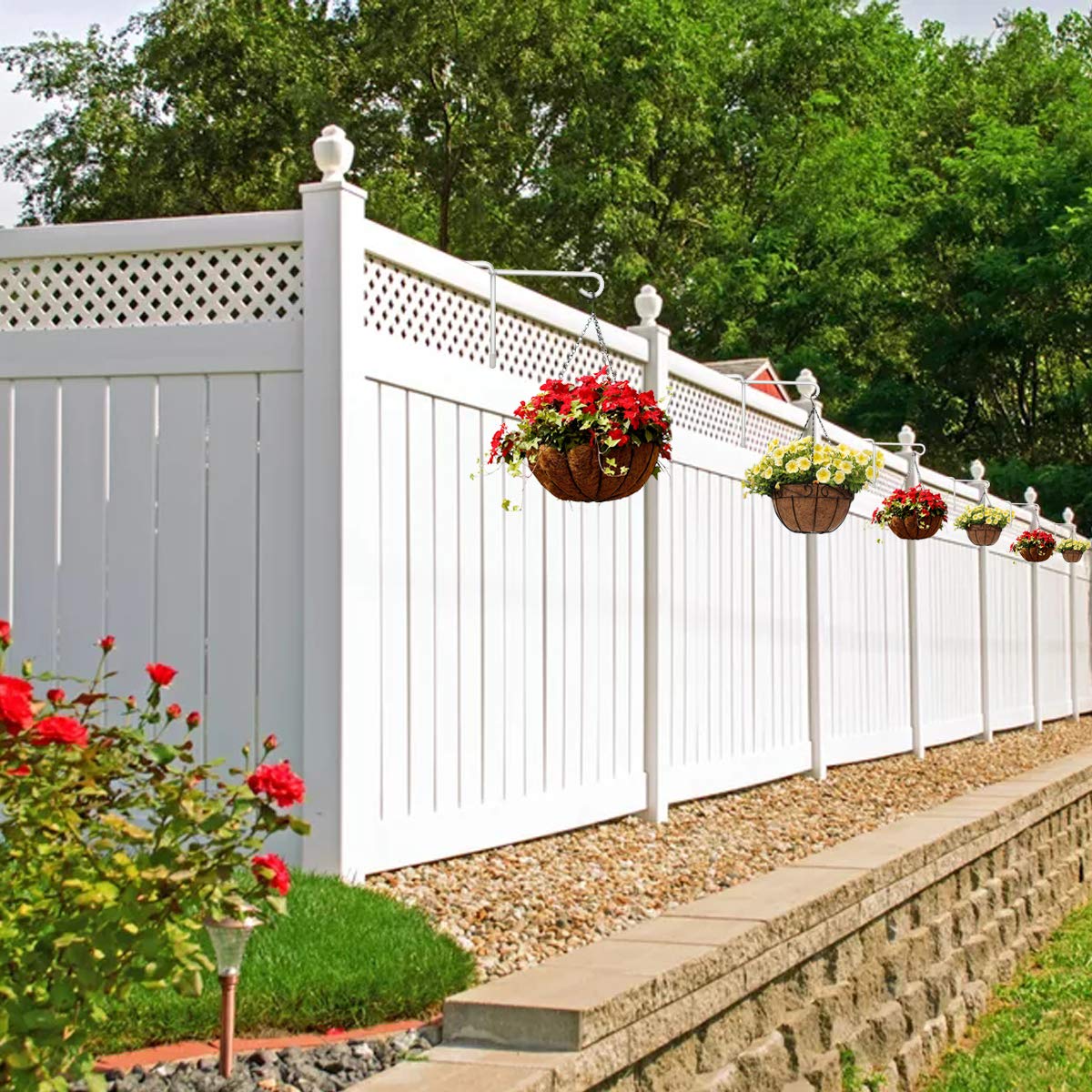 JOYSEUS 2 Pack Vinyl Fence Hooks, 5 x 10 Inches Durable White Powder Coated Steel Fence Hanger for Light, Hanging Plants, Bird feeders, Lights, Pool Equipment…