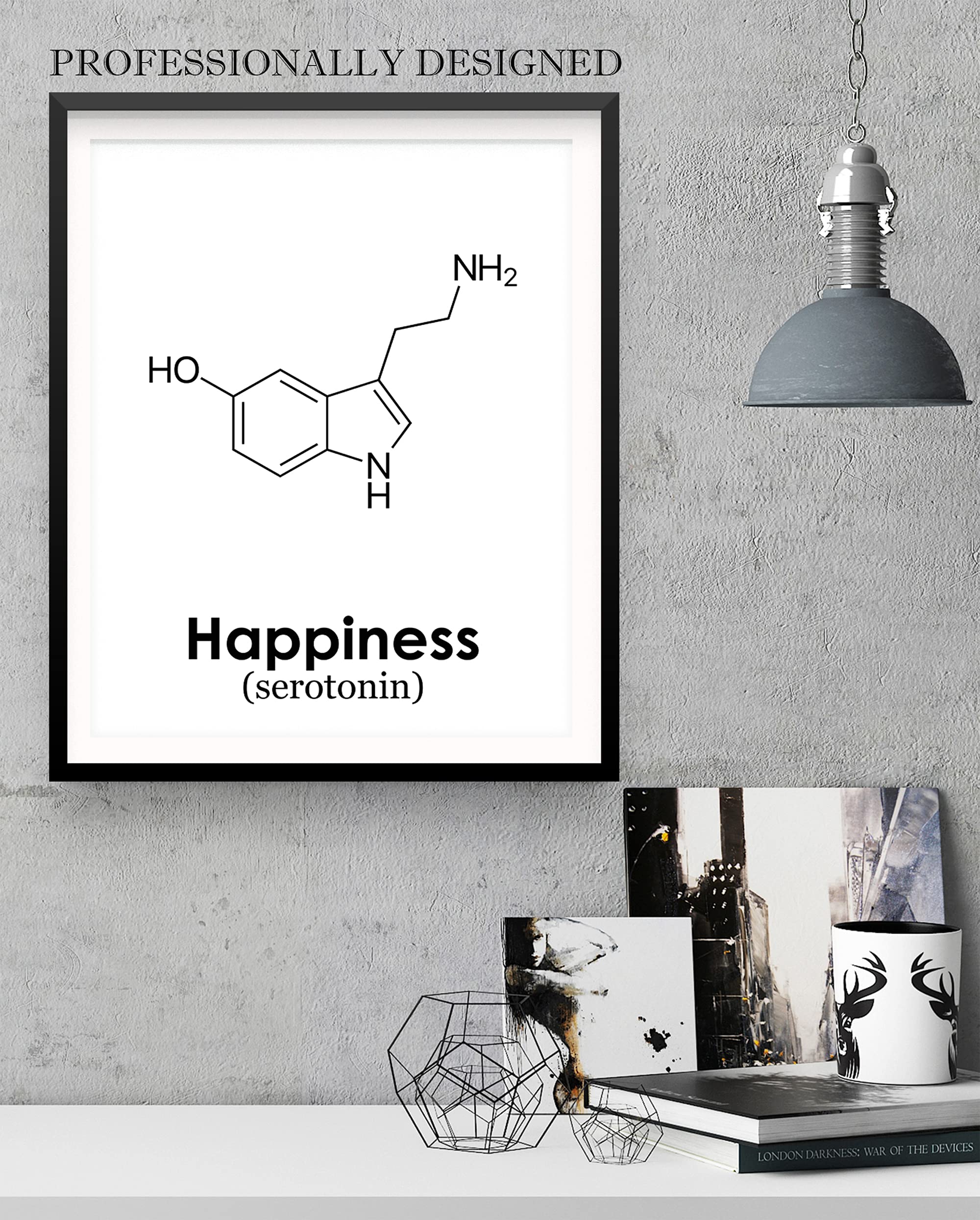 Happiness Serotonin Molecule Wall Art 11x14 Unframed Art Print Poster Black on White for Office, Classroom, Science Laboratory or Home Décor. Great Gift For Scientists, Chemists, Geeks and Nerds