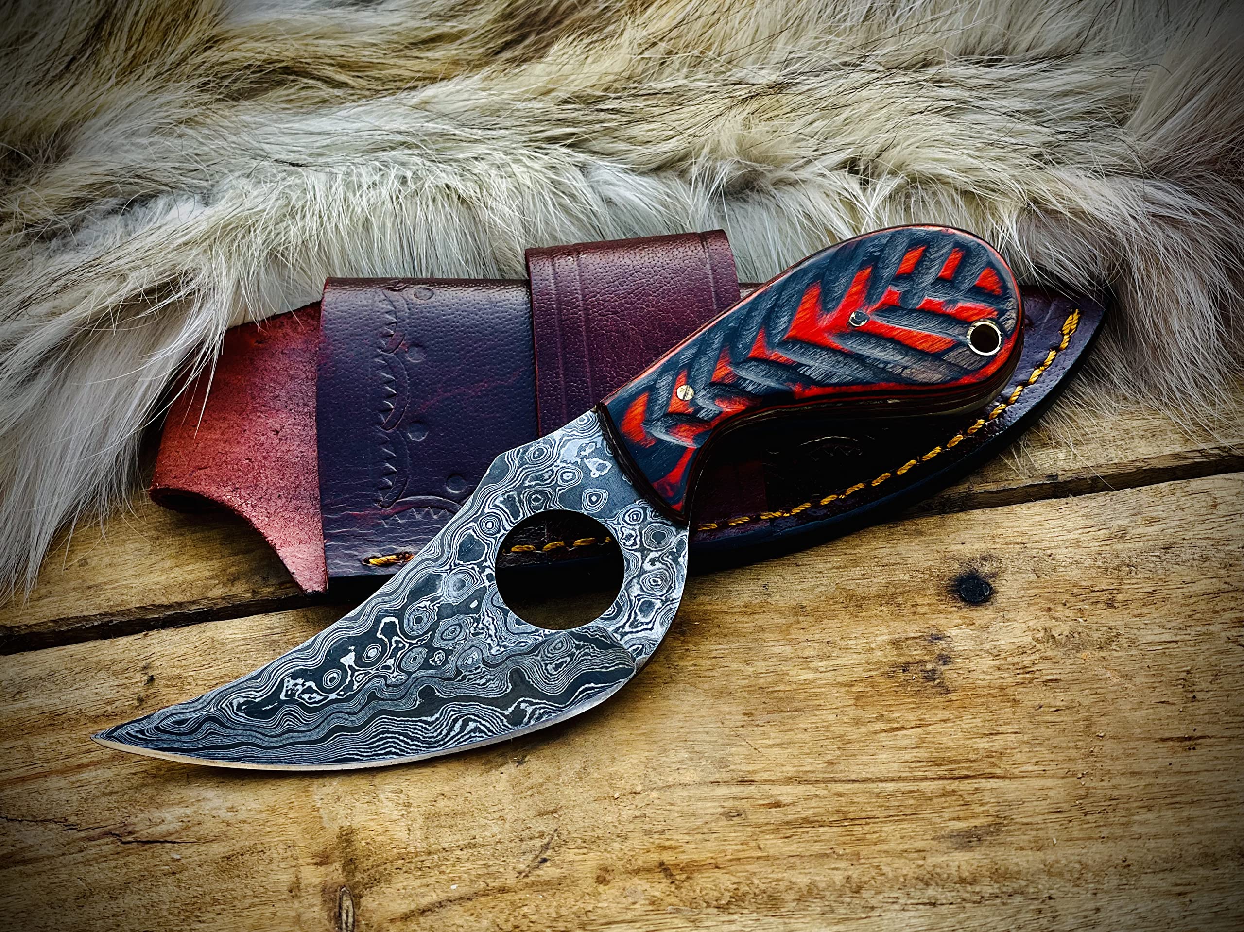 Iron Thrones Custom Handmade Hunting Knife Camp Knife Damascus Steel Skinning Knife EDC 7.3" Overall Red Black Exotic Wood with Custom Sheathe (Red&Black Handle)