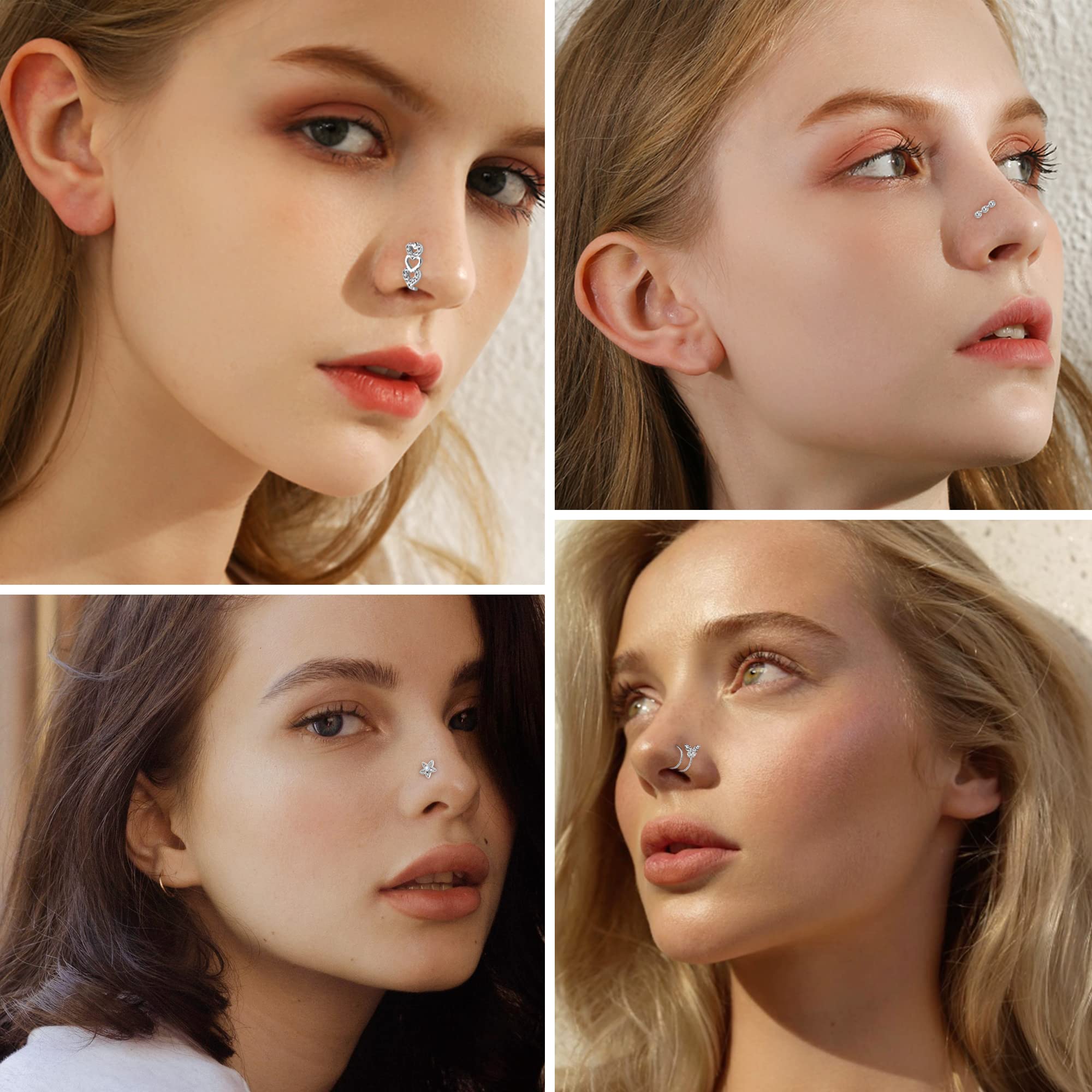 Jstyle 20G 12Pcs Nose Rings for Women Men Stainless Steel Double Nose Ring Hoop for Single Piercing Nose Studs Nose Ring Hoops CZ Piercing Jewelry Silver
