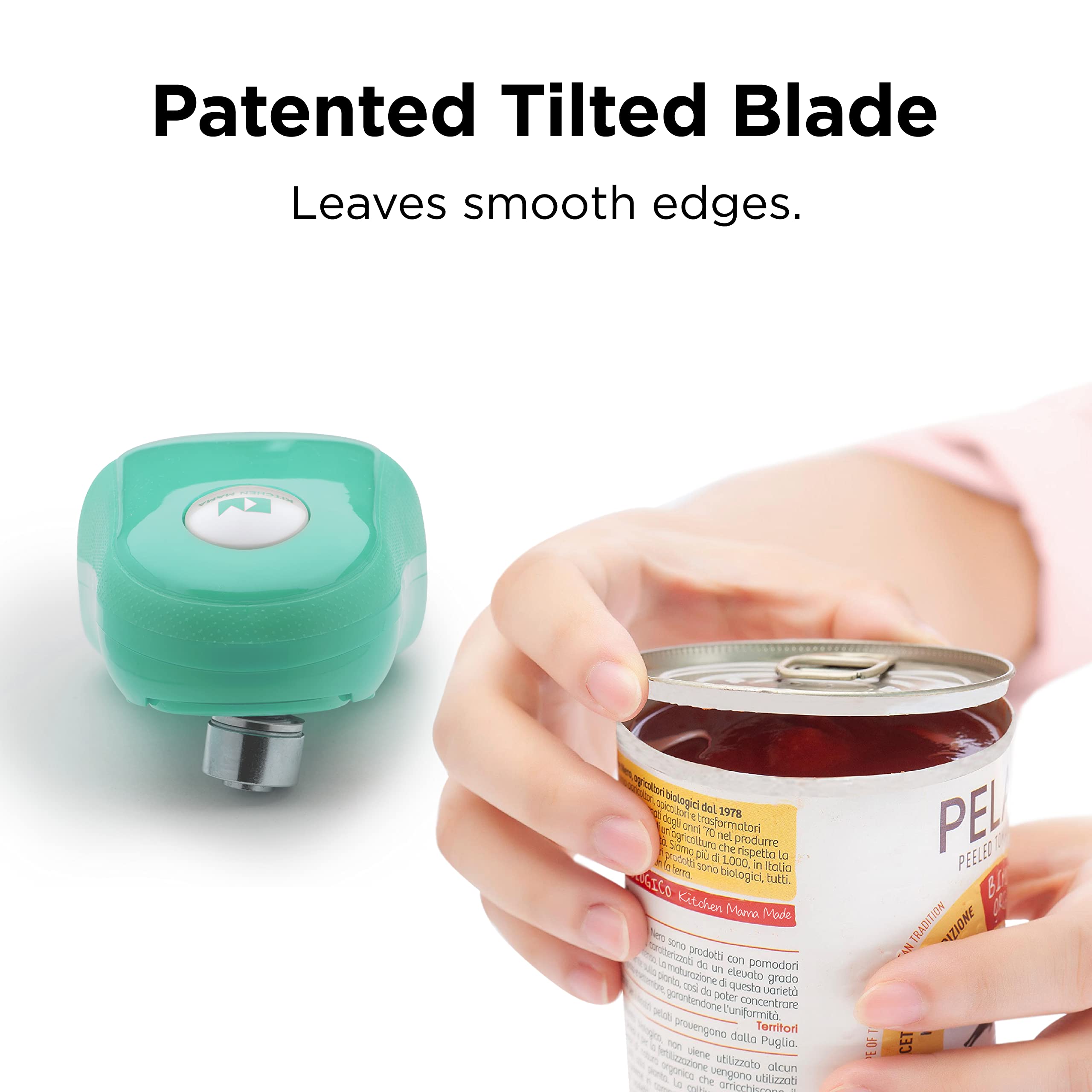 Kitchen Mama One Touch Electric Can Opener: Open with Simple Press of A Button - Auto Stop As Task Completes, Ergonomic, Smooth Edge, Food-Safe, Battery Operated (Teal)