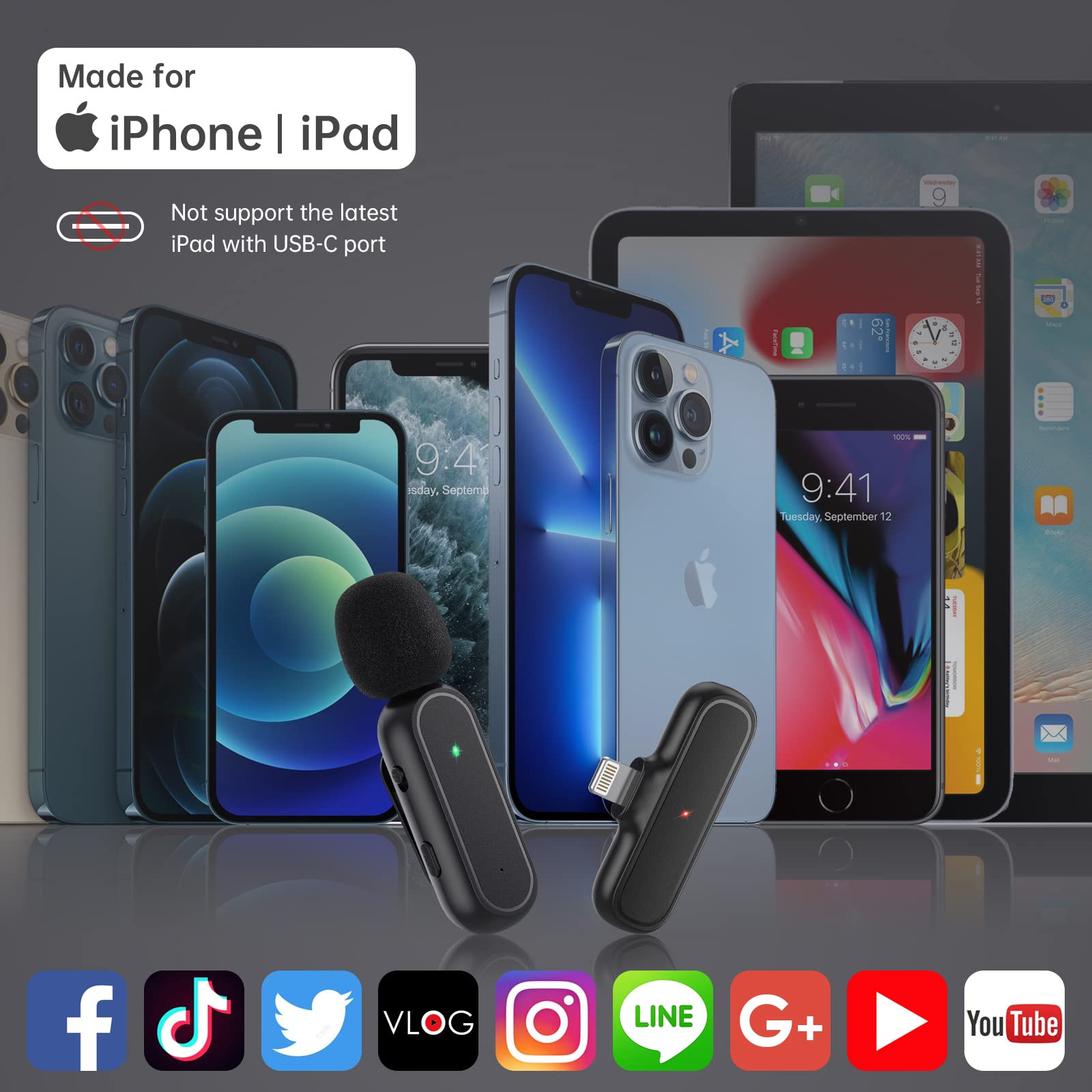 Hiievpu Wireless Microphone for iPhone & iPad, Professional and Portable Wireless Lavalier Lapel Microphone with Charging Case, Low Latency and Long Battery Life, Suitable for Vlog, TikTok (Two Mic)
