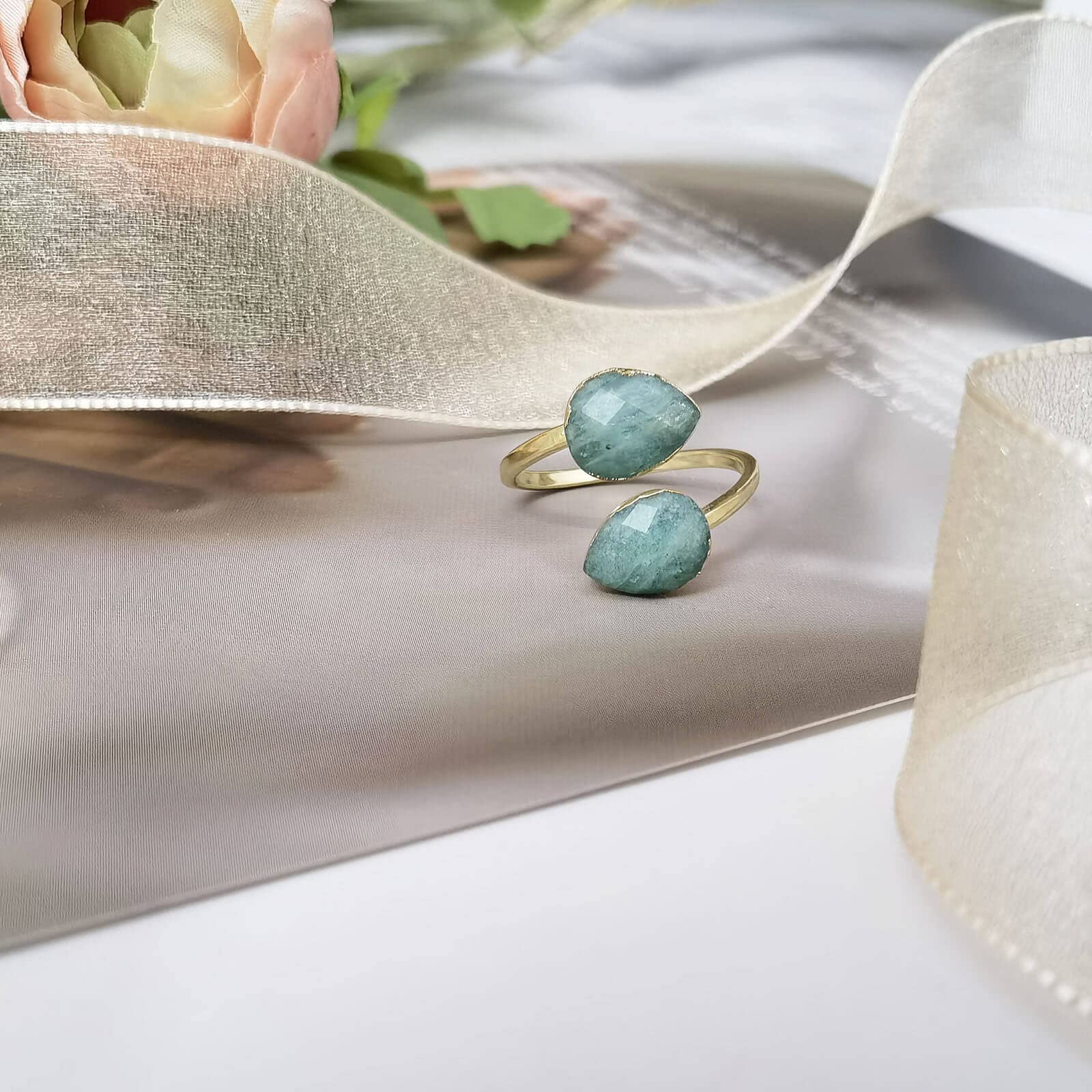 Ladywowu Amazonite Ring for Women, Double Gemstone Rings Gold, Natural blue Amazonite Ring Healing Crystal Teardrop Rings Spiritual, Adjustable Faceted Stone Rings