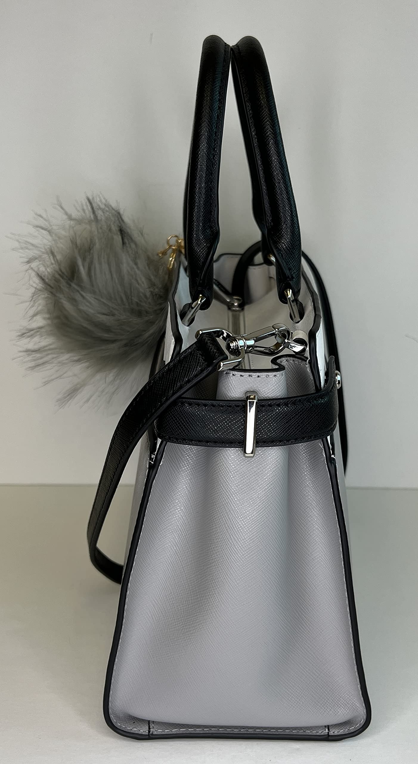Kate Spade MD Satchel bundled with Bifold Wallet & Fur Pom (Nimbus Grey Colorblock)