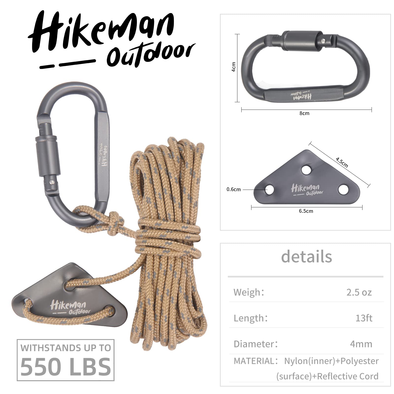 Hikeman 4 Pack Camping Rope with Locking Carabiner Clip,4mm Reflective Guy Lines with Triangular Guyline Adjuster Tensioner,Nylon Cord for Tent Tarp Tie Down,Hiking,Backpacking (Khaki)
