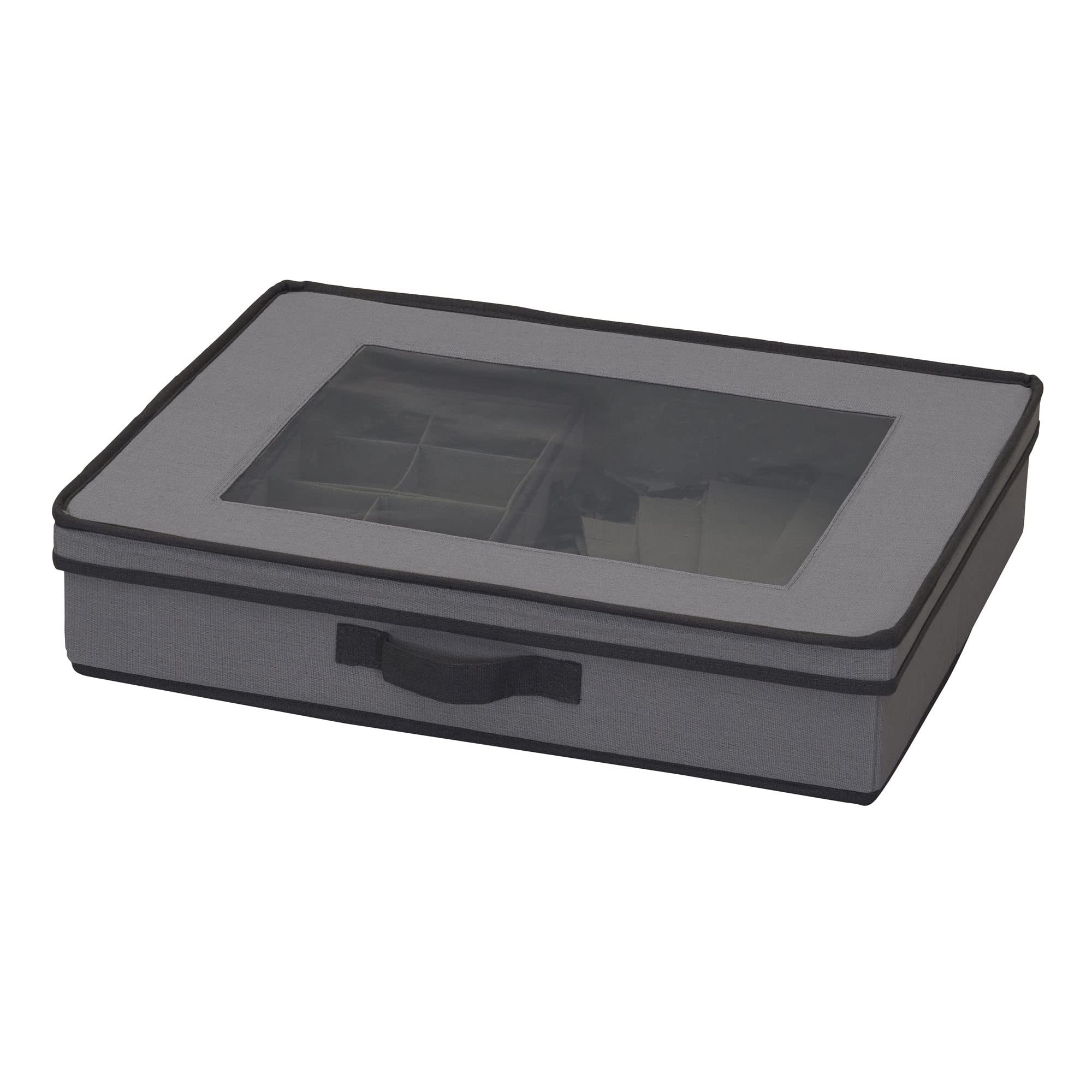 Household Essentials Tabletop Storage Box, Windowed Lid and Front Handle, 8 Compartment Lift-out Tray, 4 Fabric Pouches, Perfect for Special Occasion Tabletop Linens, Gray