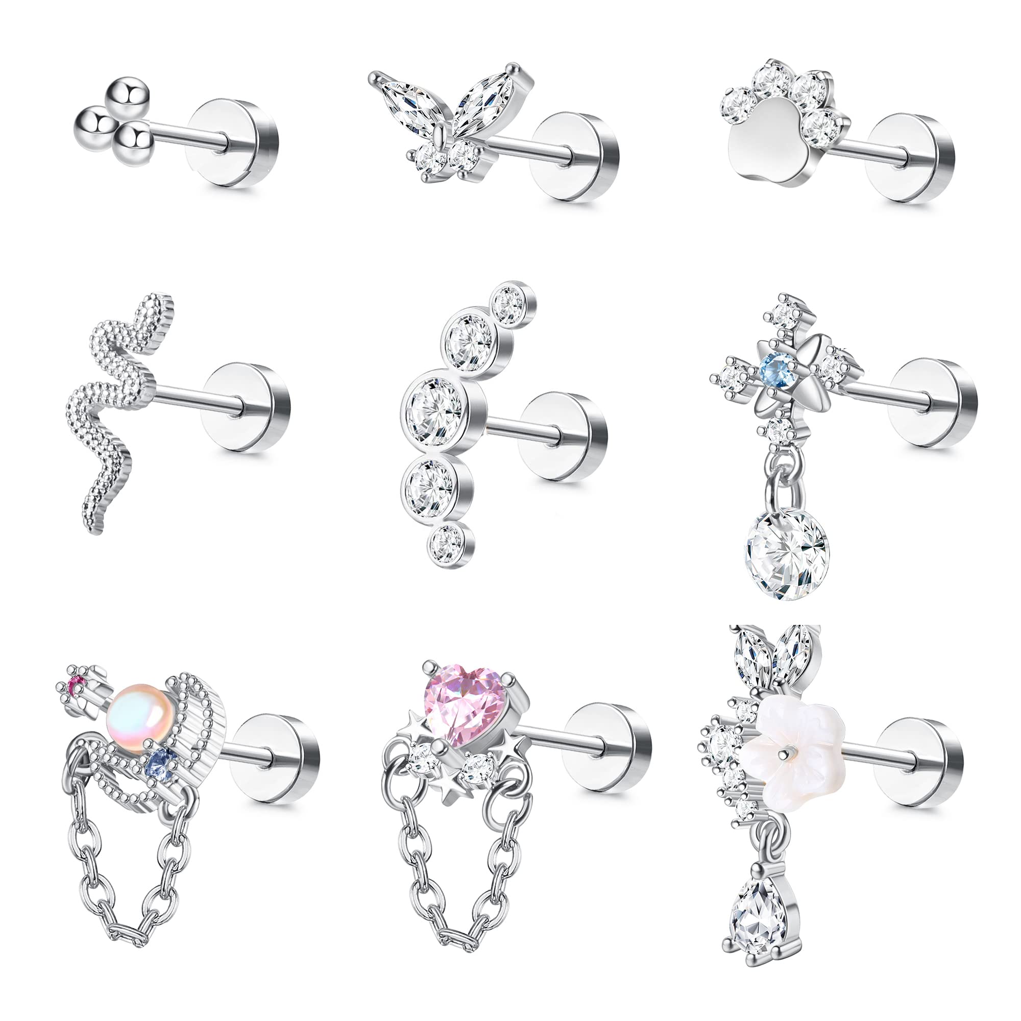 Jstyle 9 Pcs 16G Cartilage Earrings for Women 316L Stainless Steel CZ Dangle Conch Helix Tragus Flat Back Earrings Screw Back Ear Piercing Jewelry Studs
