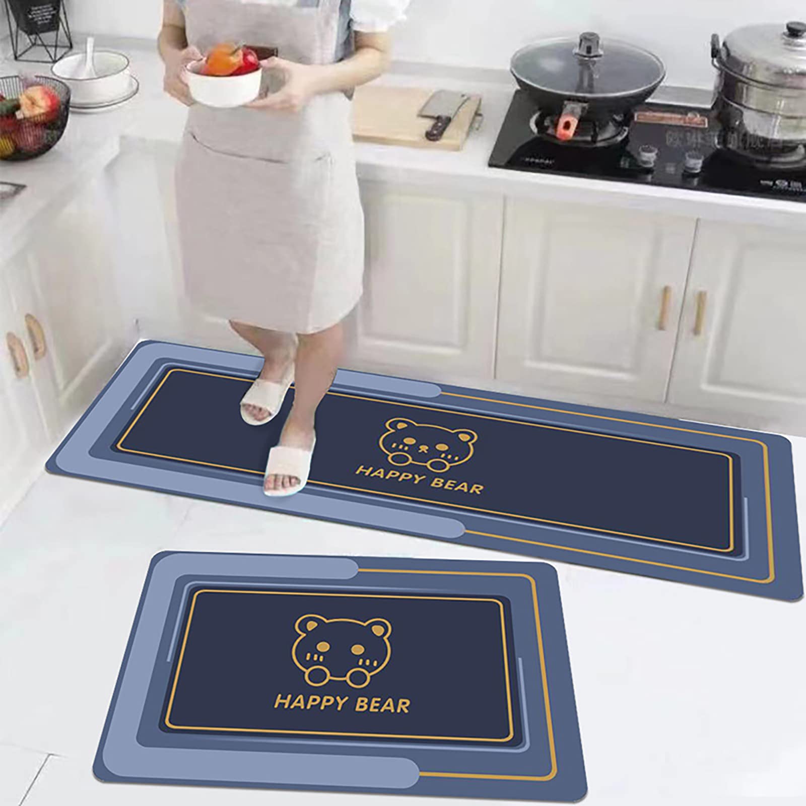 JIANZHIHAUS 2 Piece Set Kitchen Mats for Floor Super Absorbent Quick Drying Non-Slip Diatom Mud Kitchen Rug (Blue, 15.7"x30"+15.7"x59",40x75cm+40x150cm)