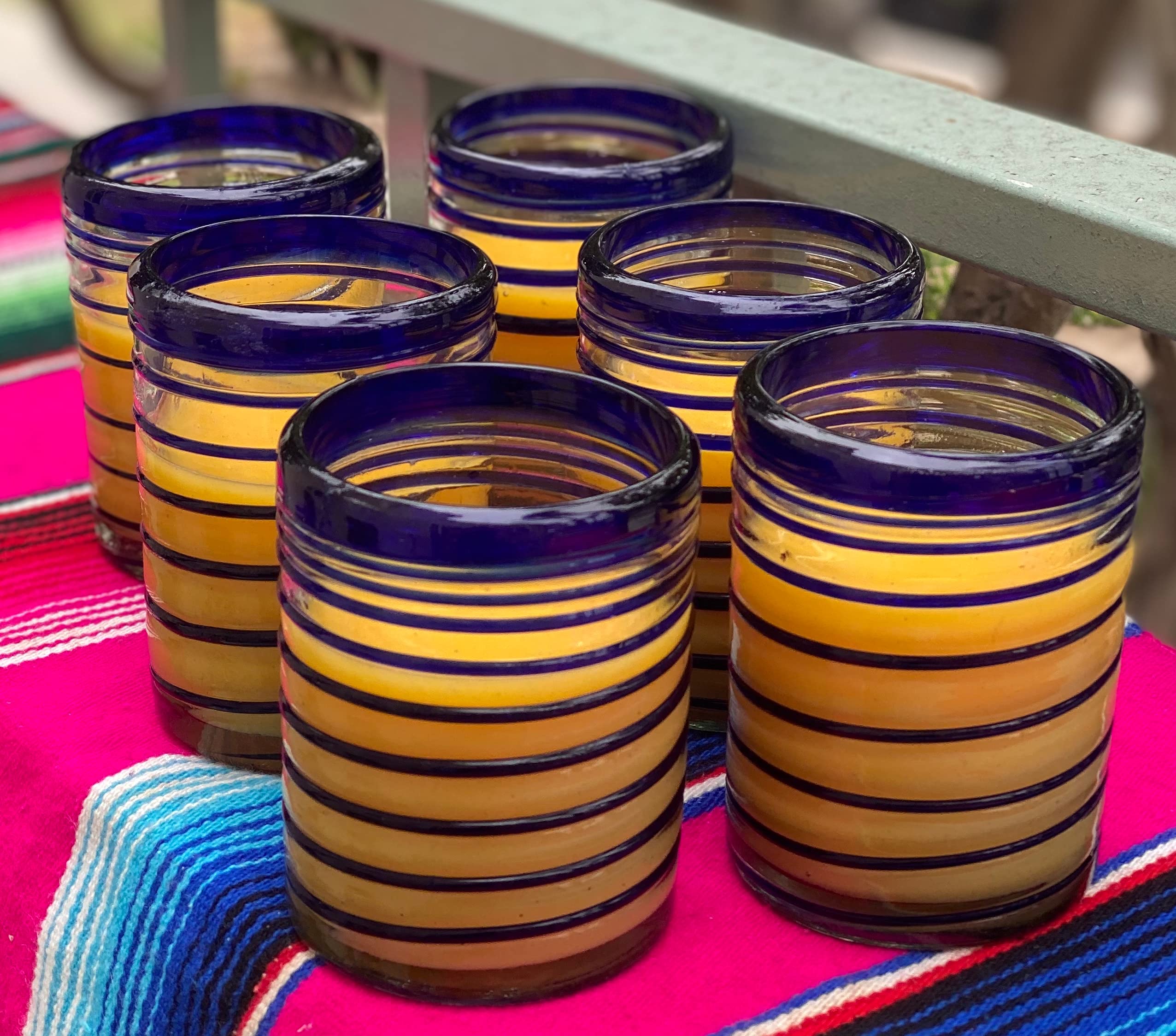 Hand Blown Mexican Drinking Glasses – Set of 6 Tumbler Glasses with Blue Spiral Design (10 oz each) …