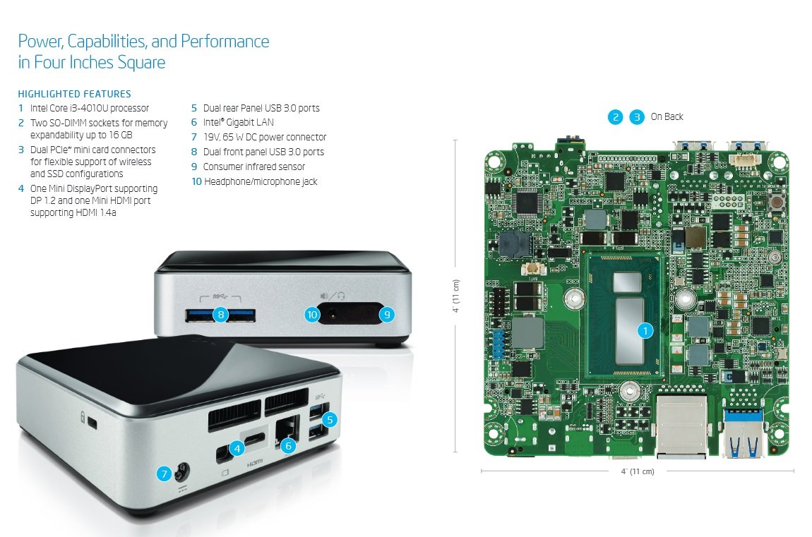 Intel NUC D34010WYK, Mini HDMI, Mini DisplayPort, USB 3.0, 4th Gen Intel Core i3-4010U, Consumer Infrared sensor, Black/white