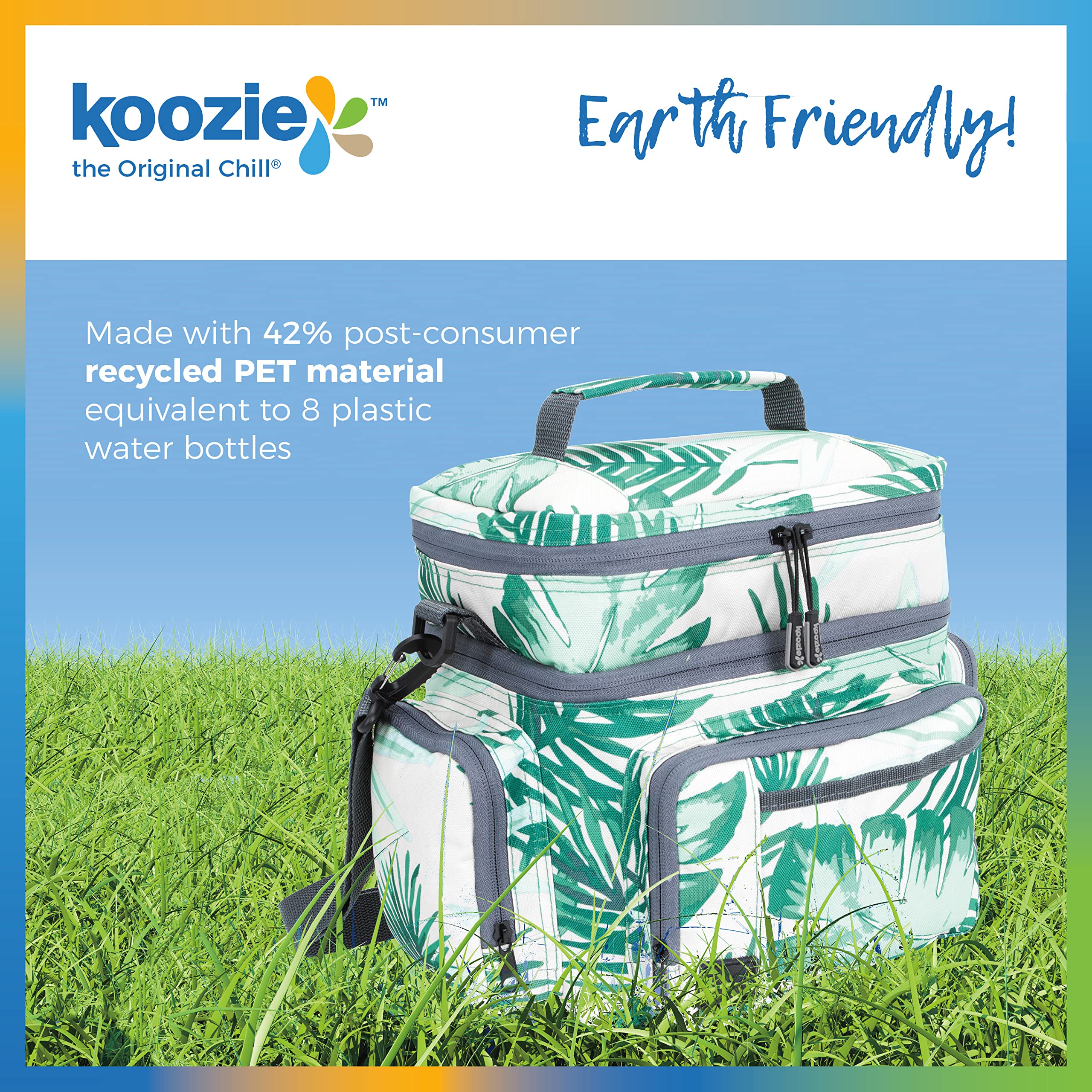 KOOZIE Dual Compartment Cooler Lunch Bag for Women - Large Double Decker Insulated Lunch Box with Removable Shoulder Strap - Resuable Lunch Tote for Work, Travel, Beach, Picnic (Tropical)