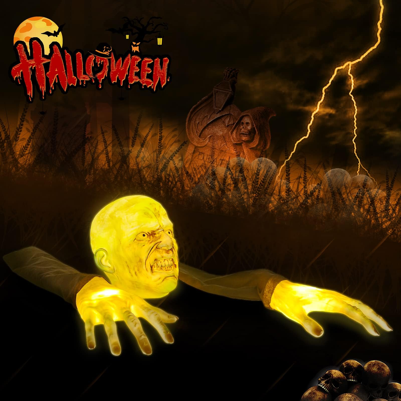 Halloween Decorations Outdoor Lighted Zombie Groundbreaker Decoration, Creepy Face Hand Lawn Stakes Graveyard Décor, Scary Ground Breaker Skeleton Indoor Halloween Decor
