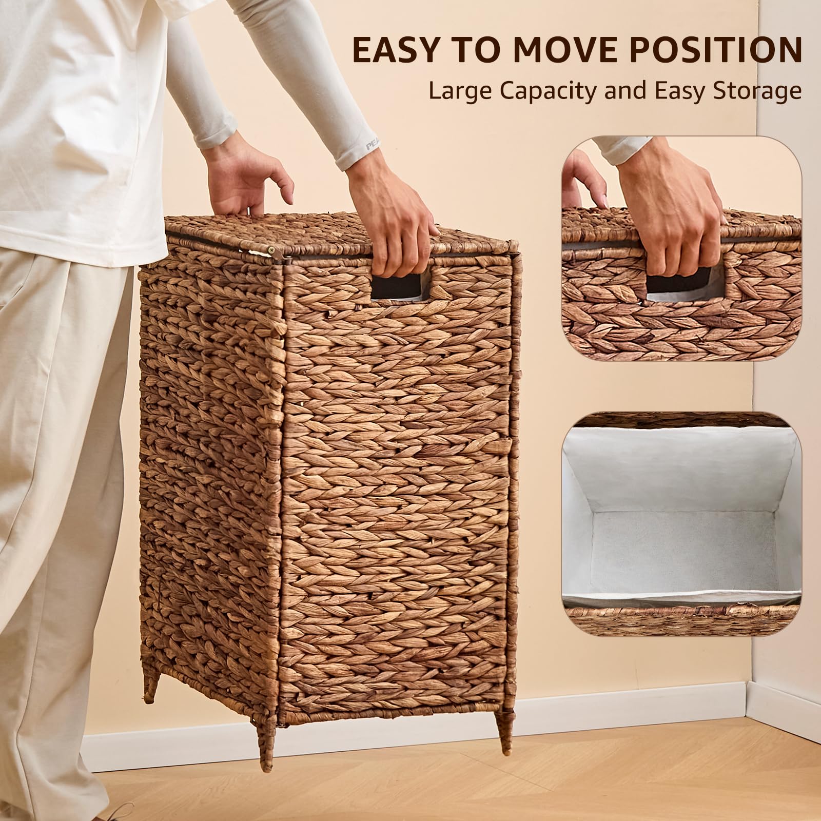 Large Laundry Hamper with Lid and Removable Liner Bag, Wicker Laundry Basket with Heightened Feet, Foldable Rattan Clothes Hamper, Handwoven Water Hyacinth Laundry Basket for Clothes and Towels