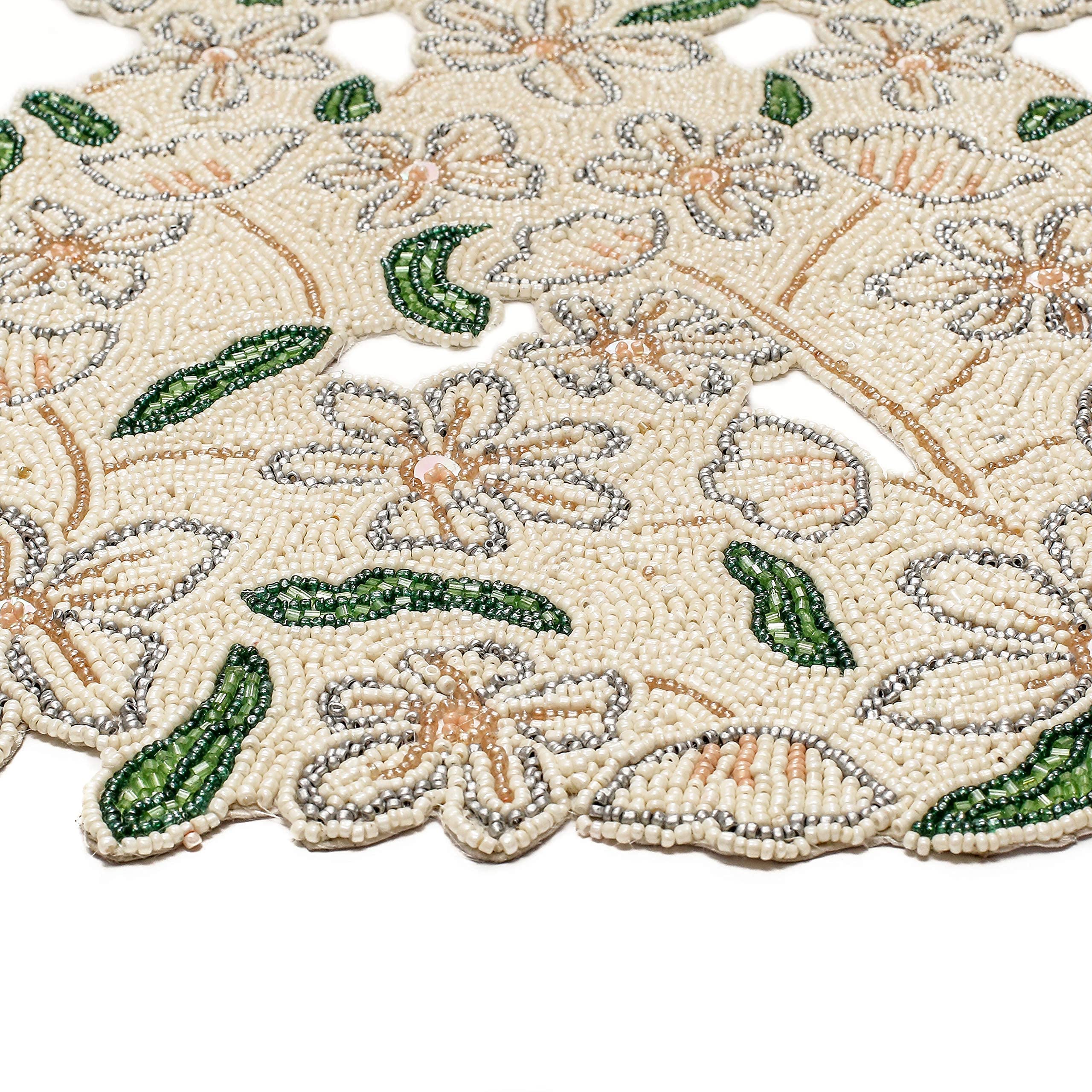 Handmade Fancy Scrolled Embroidery Beaded Table Runner for Tabletop and Kitchen - Home Decor Mat for Wedding Party Baby Shower Holiday Family Gathering - White/Green/Charcoal