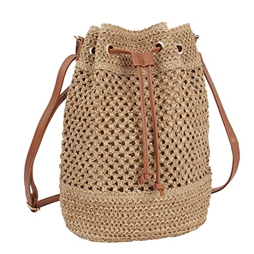Hyuyikuwol Lightweight Straw Crochet Drawstring Bucket Bag Beach Bag Hollow Out Shoulders Bag for Women One Size
