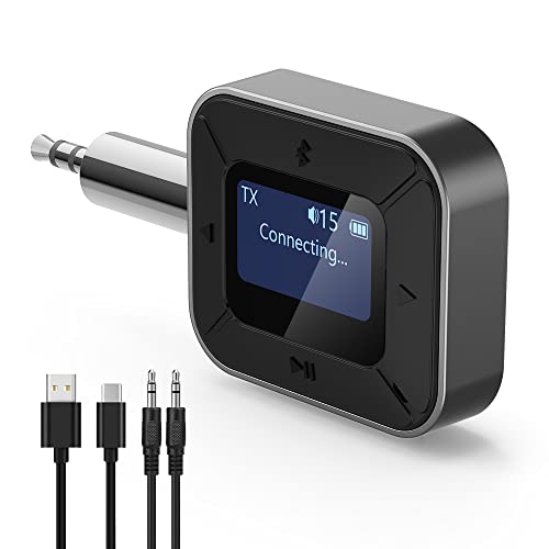 ifofo Bluetooth Transmitter Receiver 2-in-1 Bluetooth Car Adapter with 3.5mm Aux Dual Devices Link Rechargeable Handsfree Calls, Wireless Audio Transmitter for TV Car Headphone Airplane Home Stereo