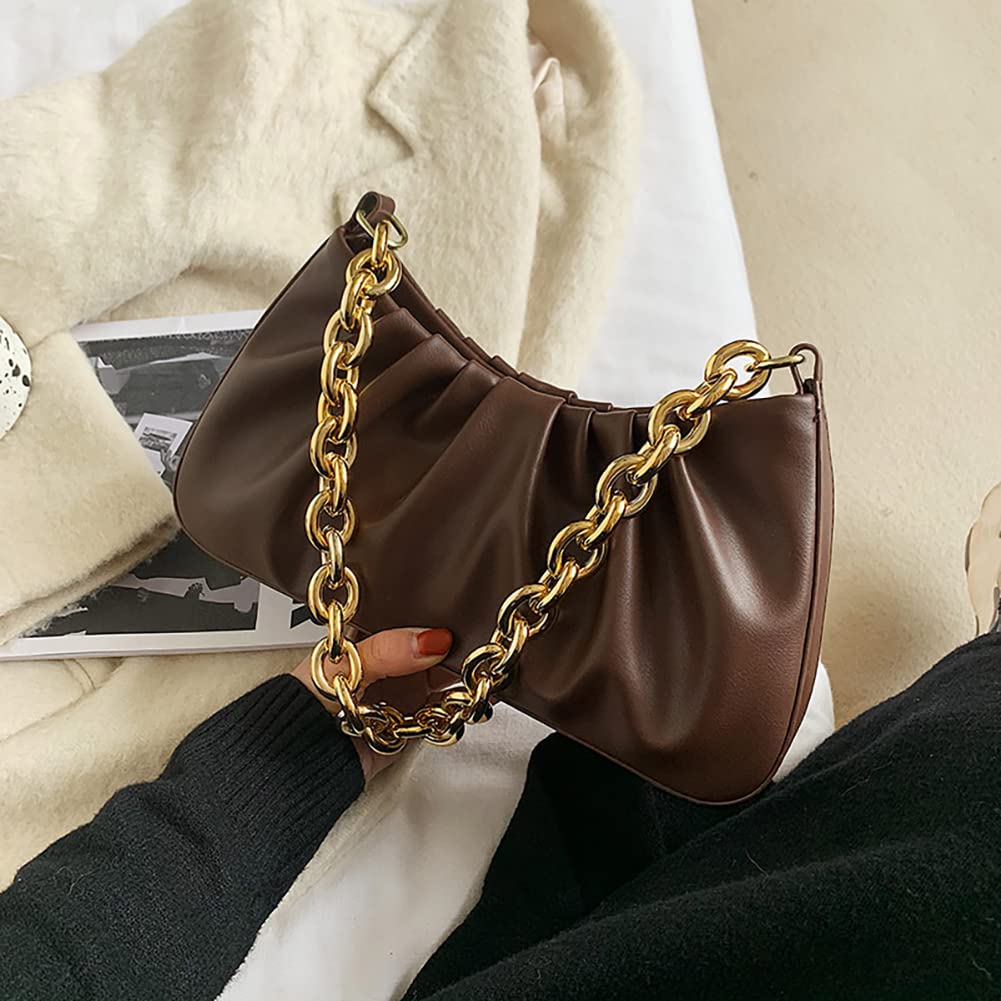 JRNDNIUO Chain Purse Bag for Women, 90s Shoulder Purses, Trendy Dumpling Handbag, Cloud Pouch Purse with PU Leather Gold Chain Clutch Brown