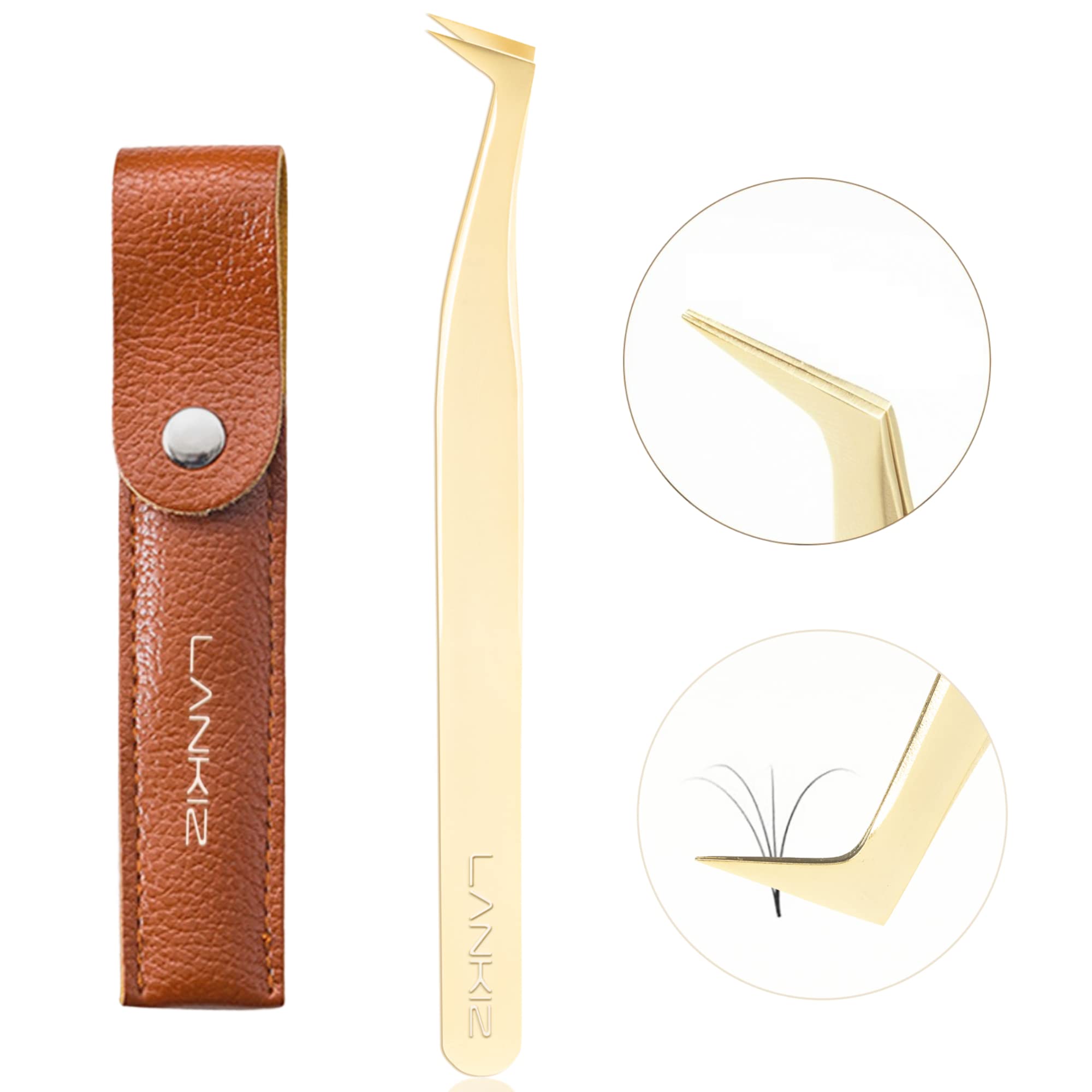 LANKIZ Lash Tweezers for Eyelash Extensions - Premium Stainless Steel Curved Tip Design for Precision Eyelash Extension Application - Non-Slip Grip for Comfort and Reduced Fatigue - L-shaped Tweezers