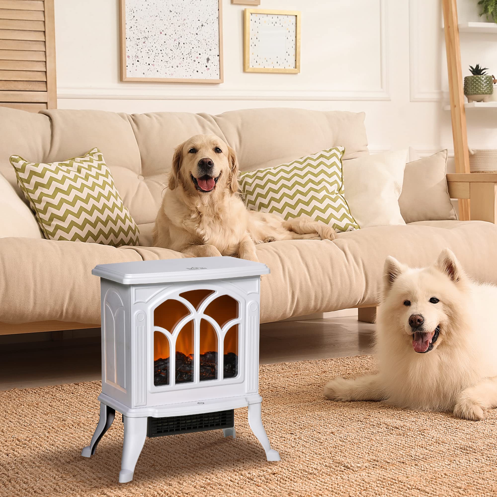 HOMCOM 17" Freestanding Electric Fireplace Stove, Fire Place Heater with Realistic Logs and Flame Effect, Adjustable Temperature, and Overheat Protection, 750W/1500W, White